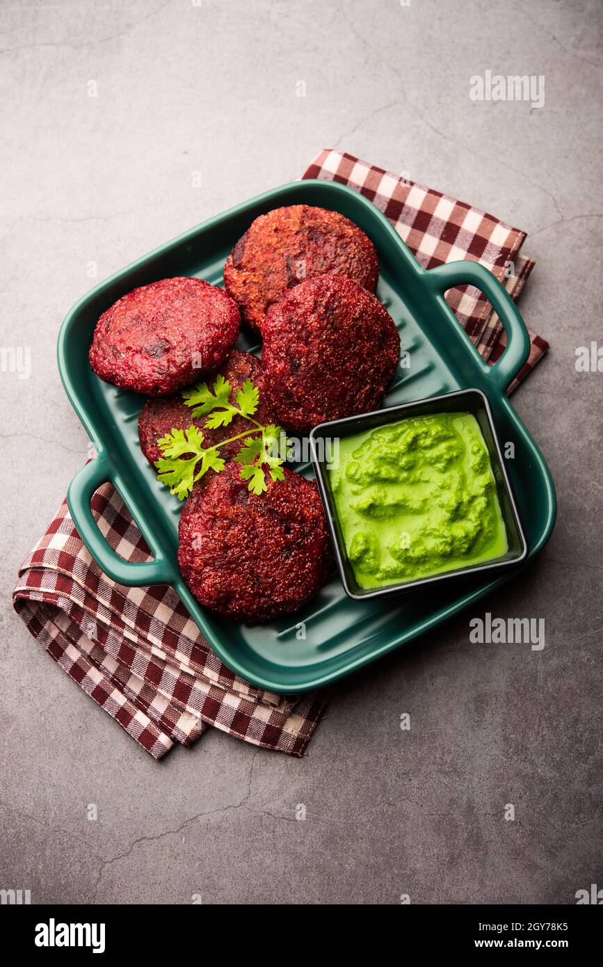 Beet Root Patties or cutlet or tikki served with green chutney Stock ...