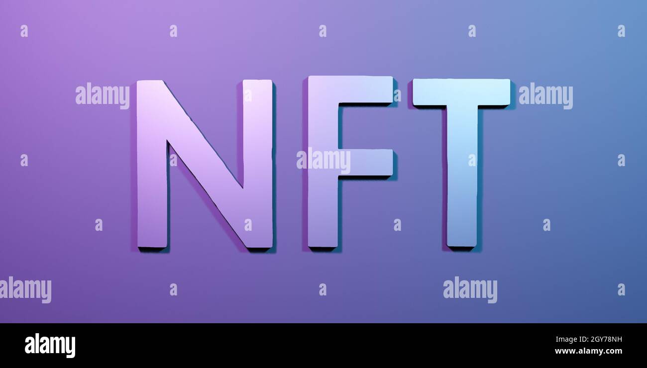 NFT (non-fungible token) word and letters in purple and blue colour ...