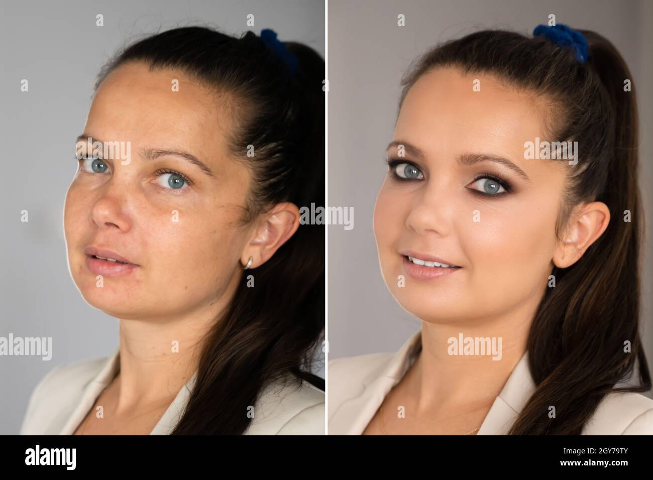 Woman Face Skin Make Up. Comparing Before And After Stock Photo - Alamy