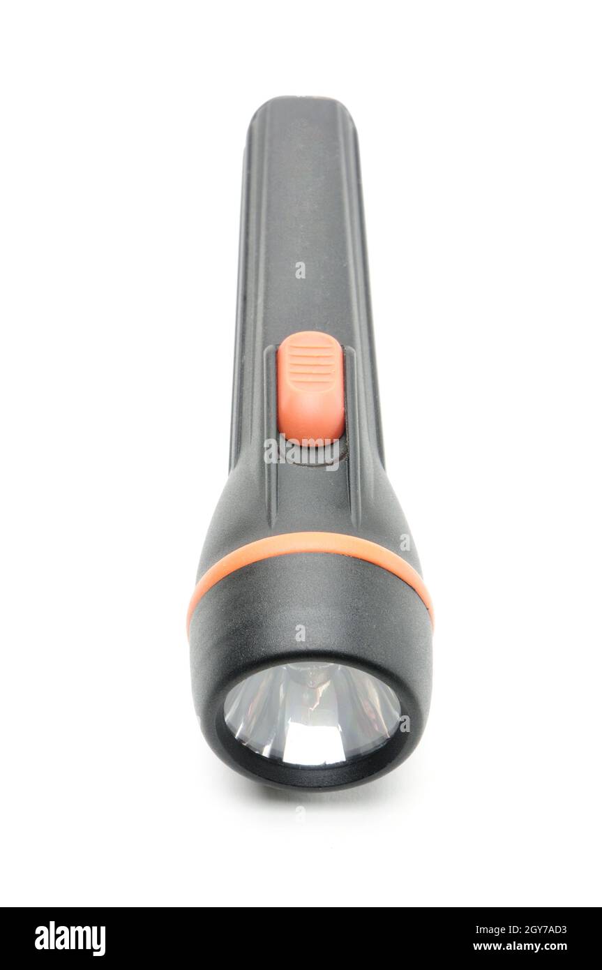 Flashlight in black on an isolated white background Stock Photo - Alamy