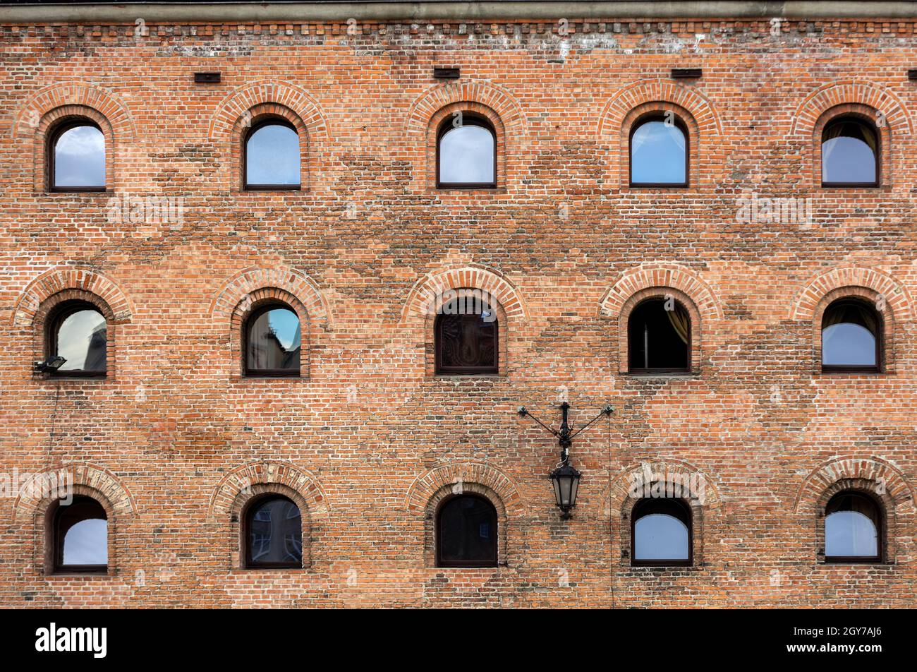 Facade of restored medieval granary on the Olowianka island in the old ...