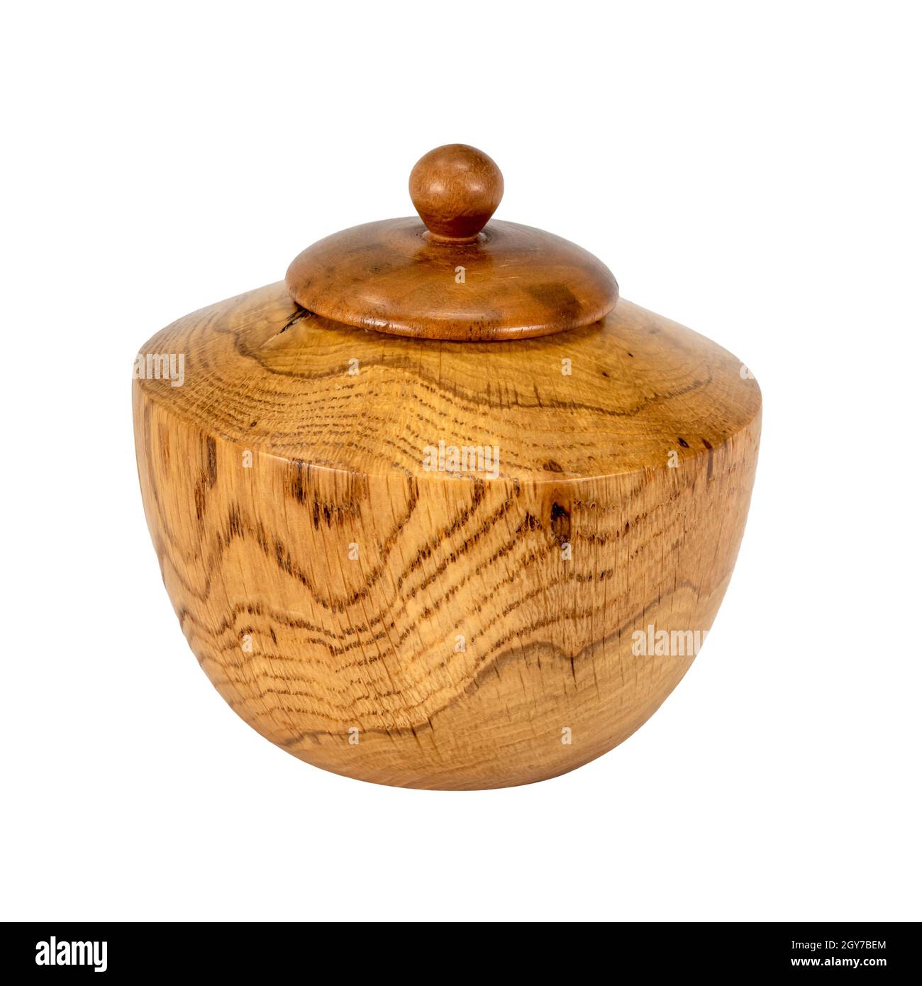 Side view of a turned oak wood jar with lid isolated on white Stock ...