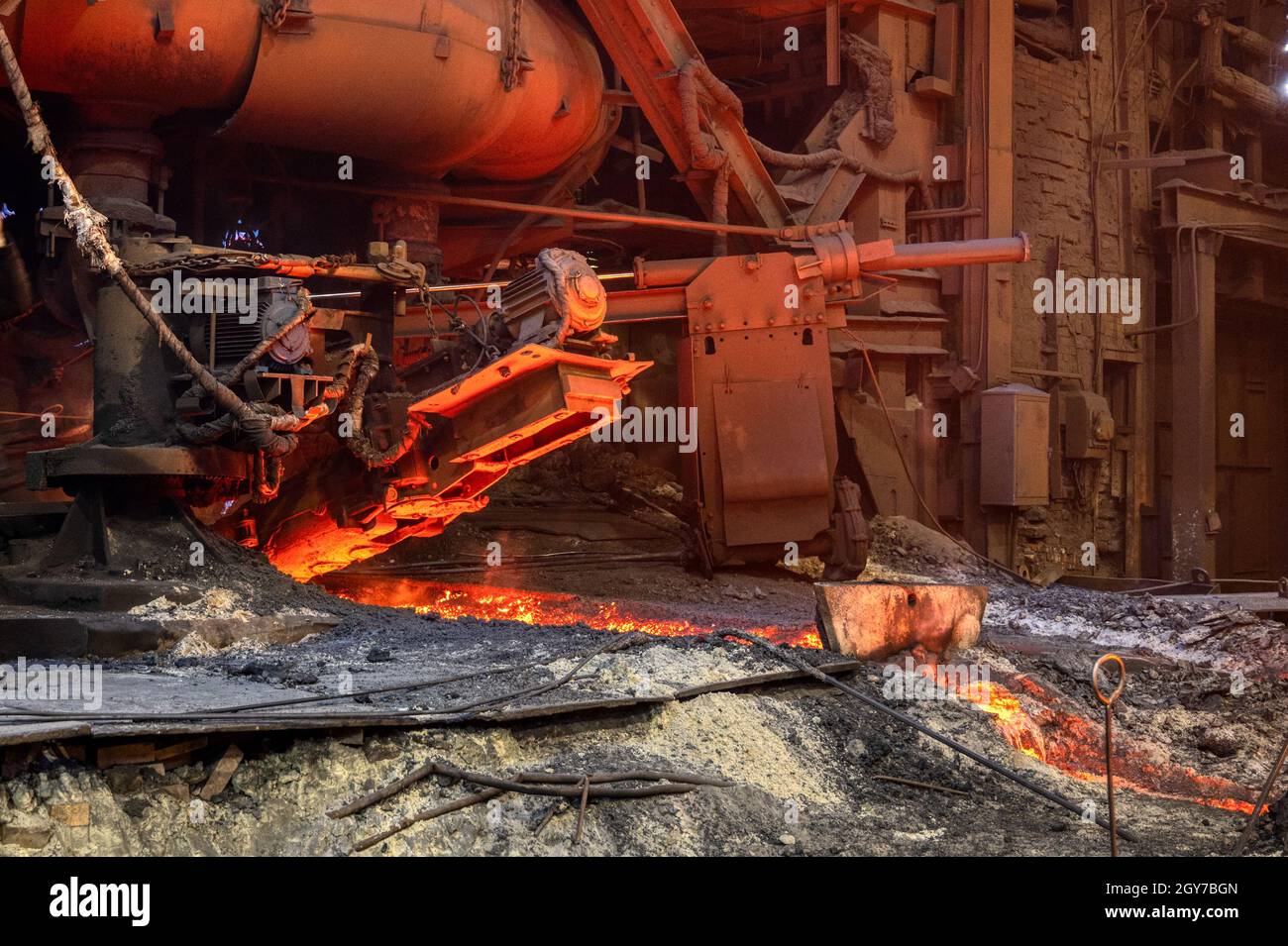 Blast furnace after cast iron tapping. Equipment and mechanisms Stock ...