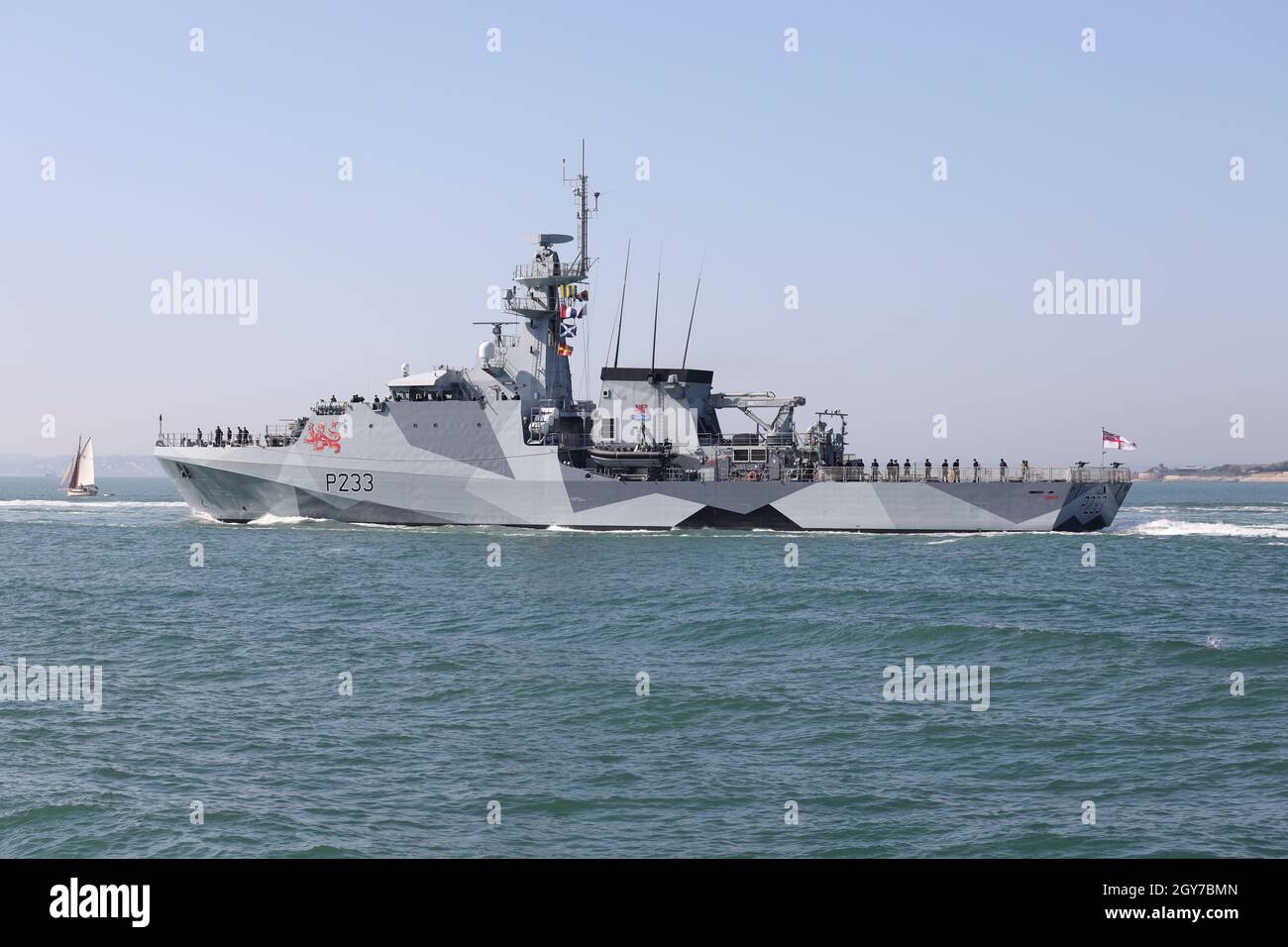 The Royal Navy River class offshore patrol vessel HMS TAMAR leaving the ...