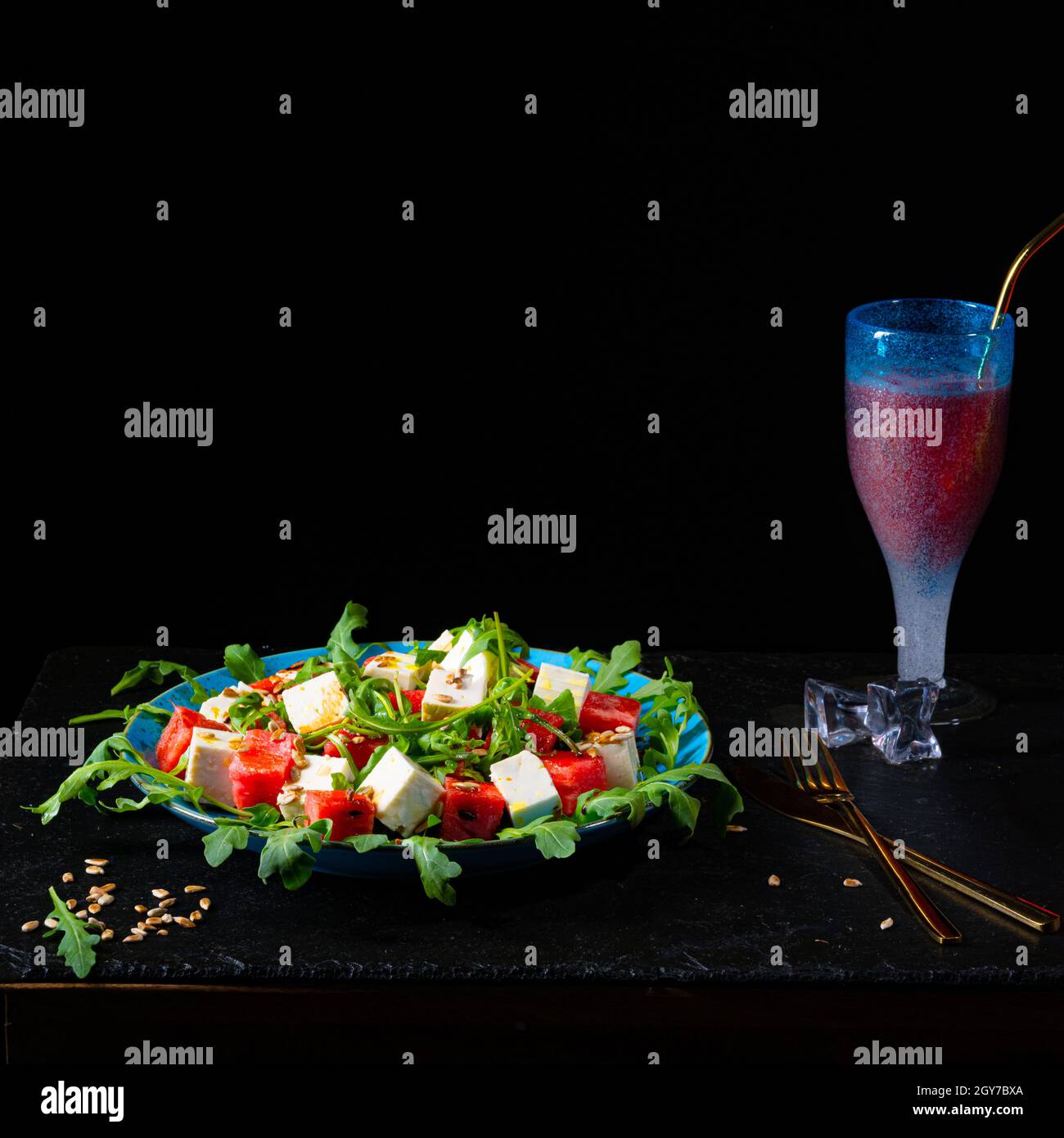 Watermelon Salad with Rocket And Feta Cheese Stock Photo - Alamy