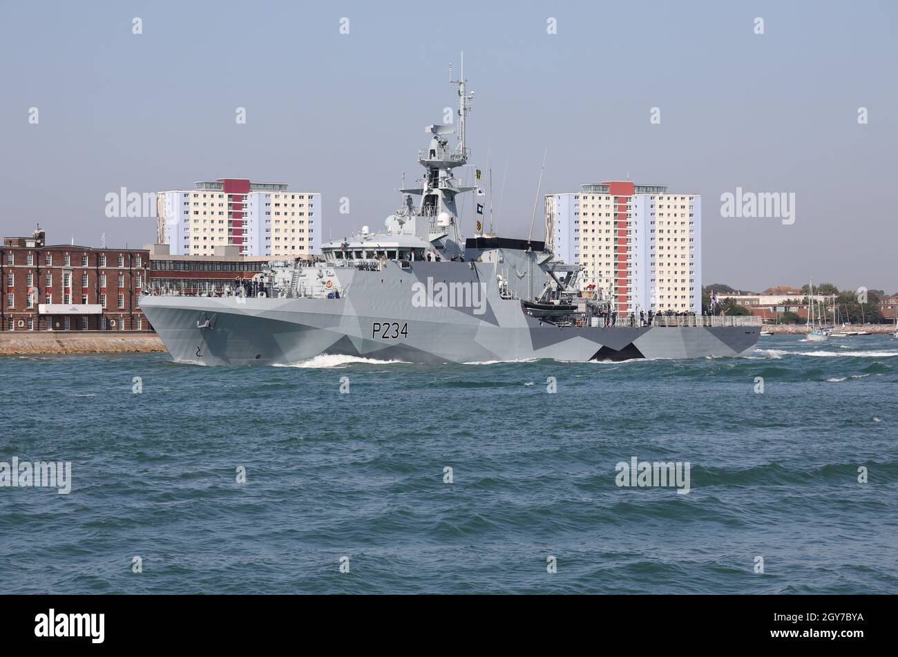 The Royal Navy River class offshore patrol vessel HMS SPEY leaving the ...