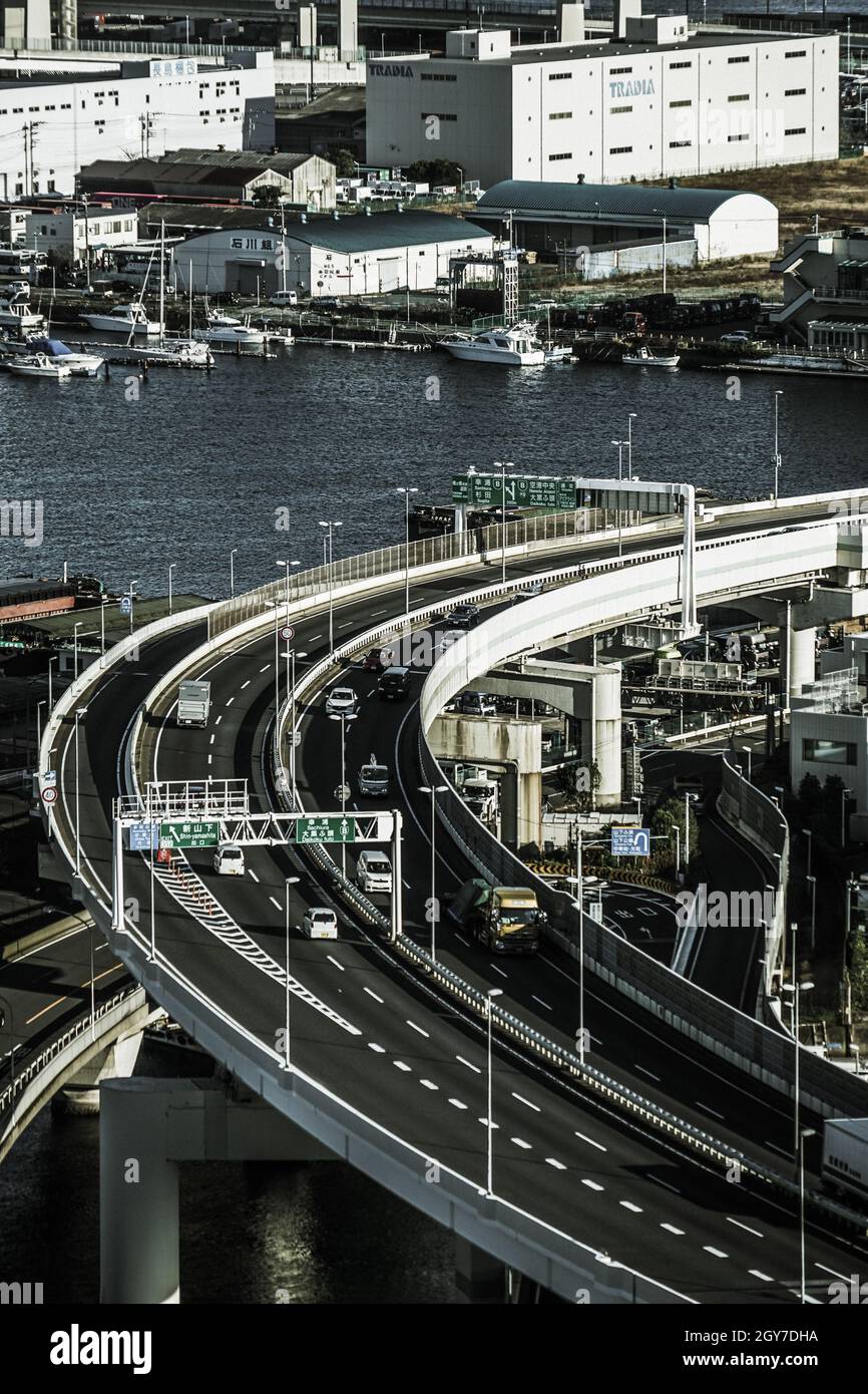 Highway which is visible from the Marine Tower (monochrome). Shooting ...