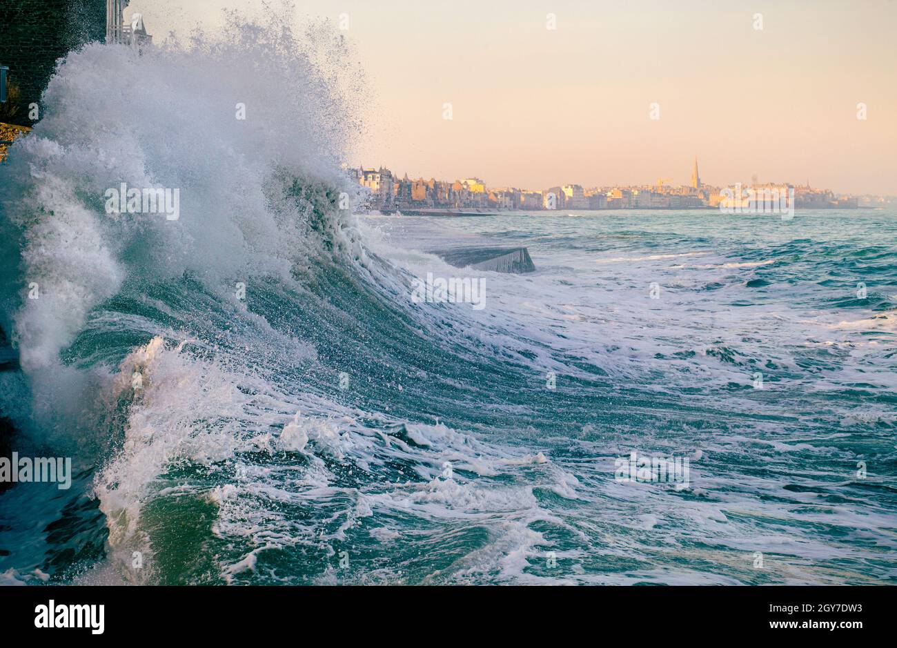 Big wave crushing, high tide in Saint-Malo , Brittany, France Stock ...