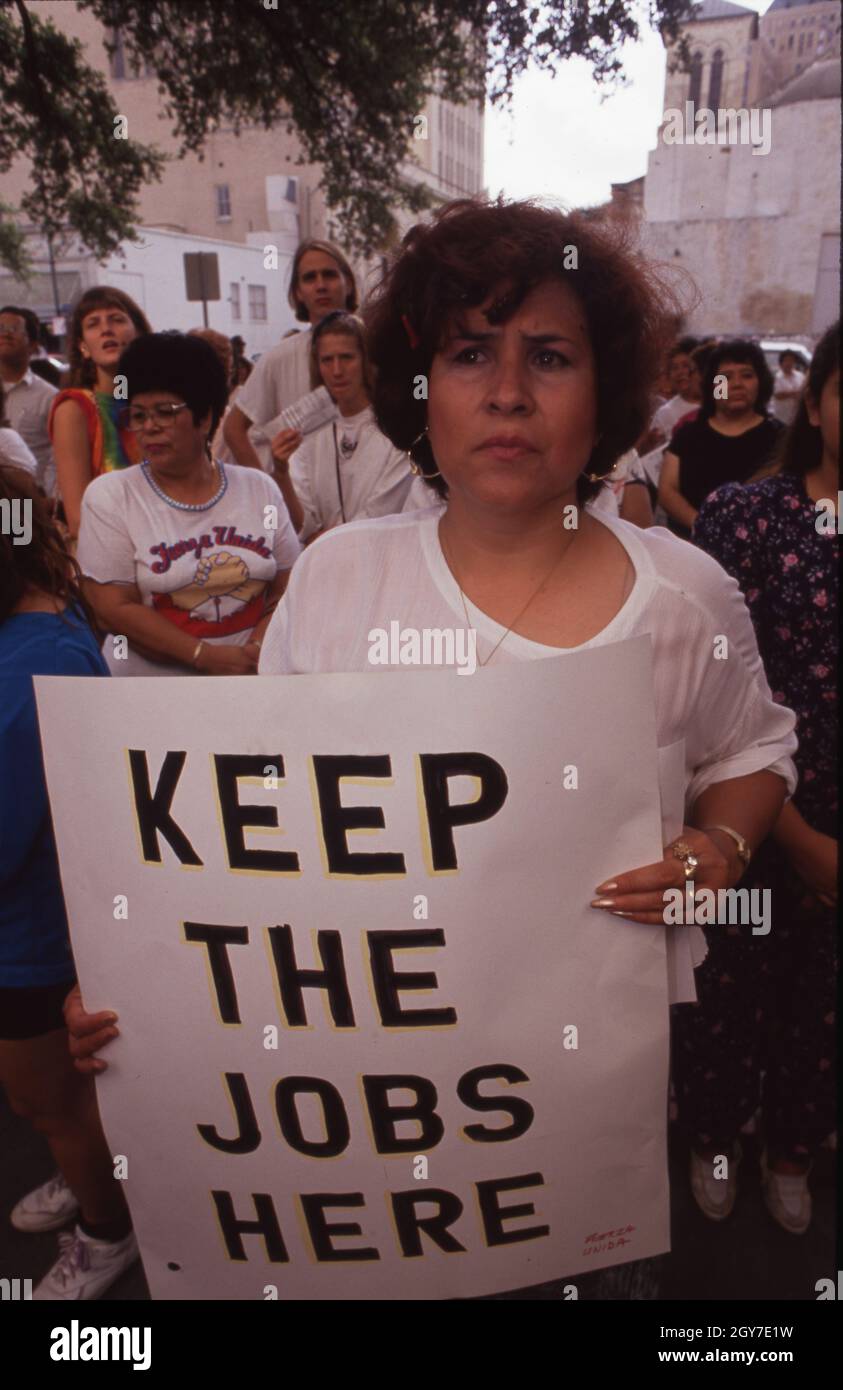 San Antonio Texas USA, 1990: Female garment workers protest after Levi ...