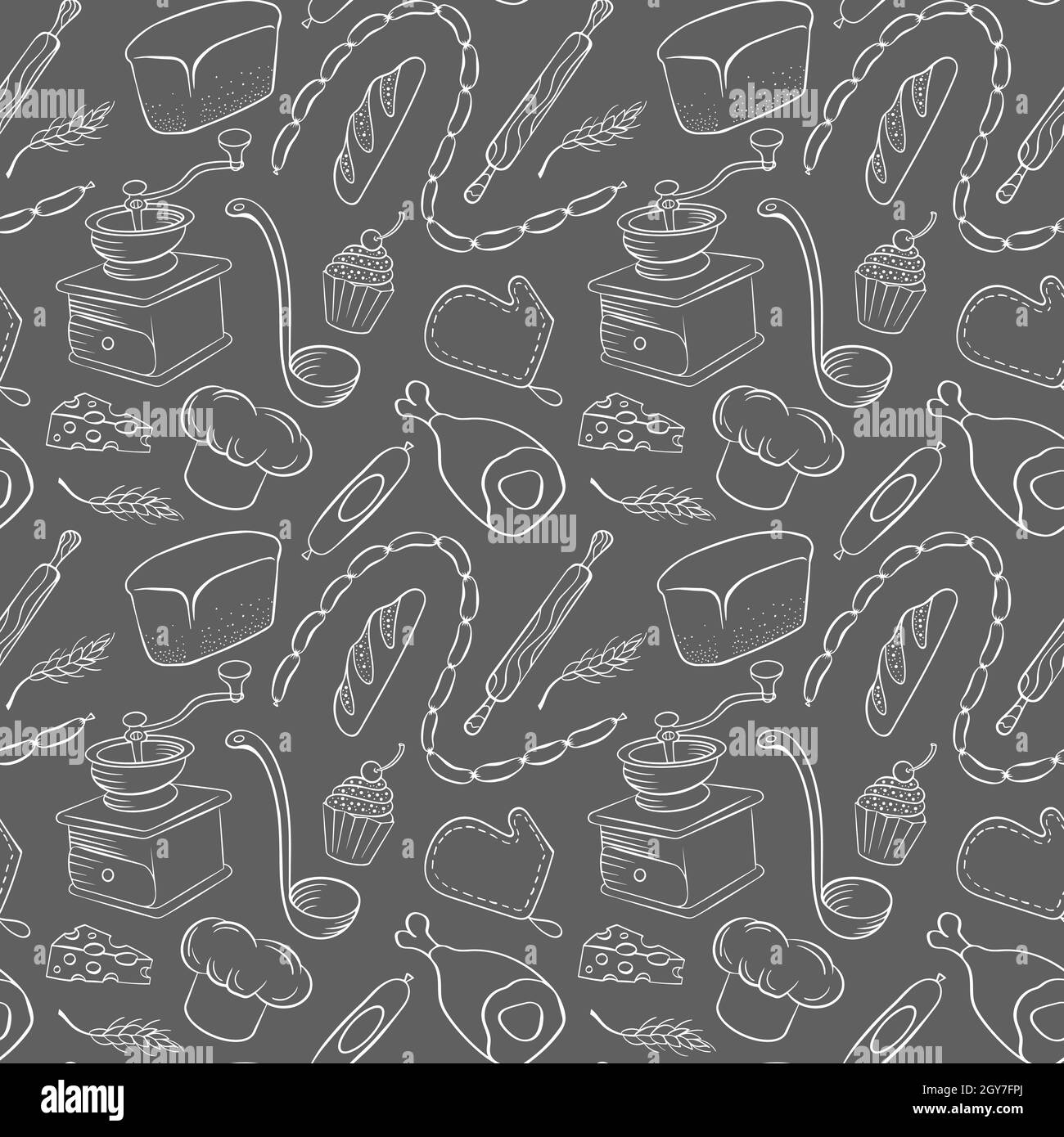 Cooking hand drawn background. Preparing food doodles on grey ...