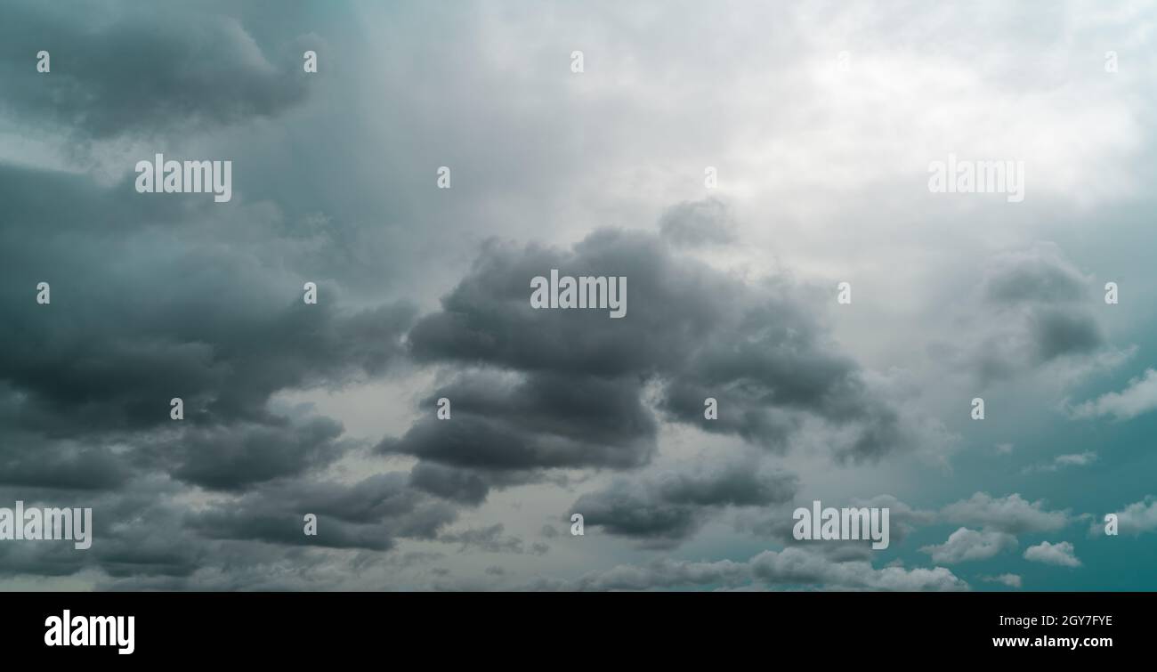 Panorama view of overcast sky. Dramatic gray sky and dark clouds before ...