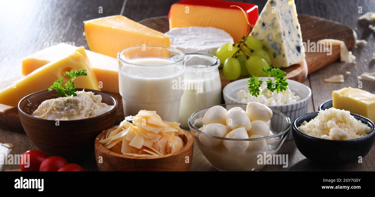 A variety of dairy products including cheese, milk and yogurt Stock ...