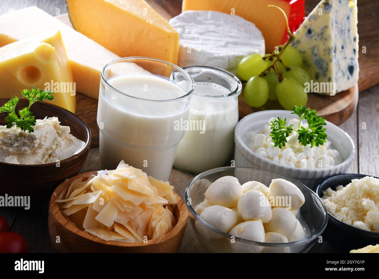 A variety of dairy products including cheese, milk and yogurt Stock ...