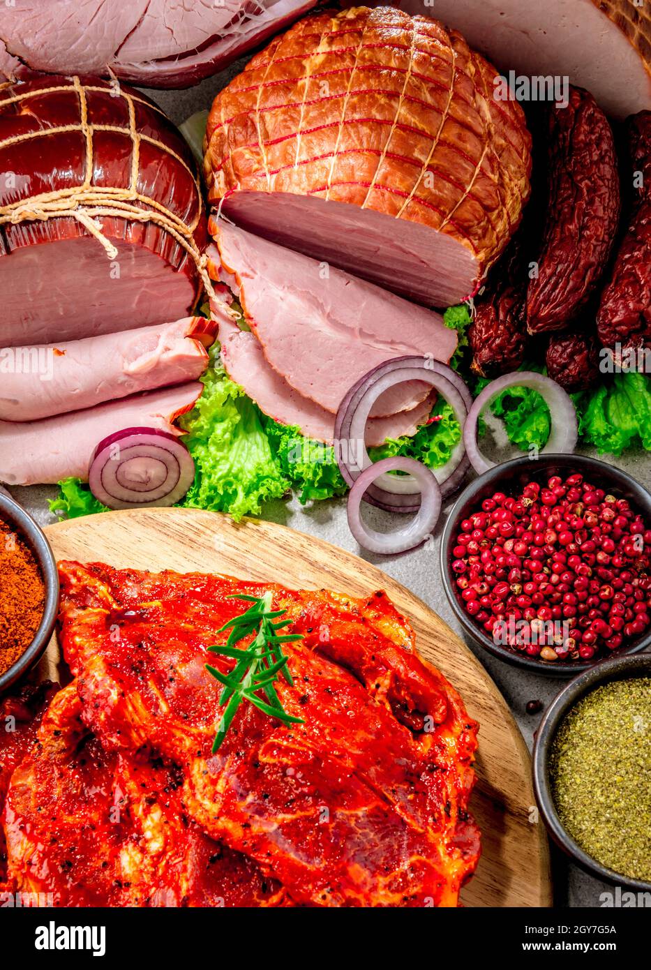 Composition with assorted meat products including ham, sausage and ...