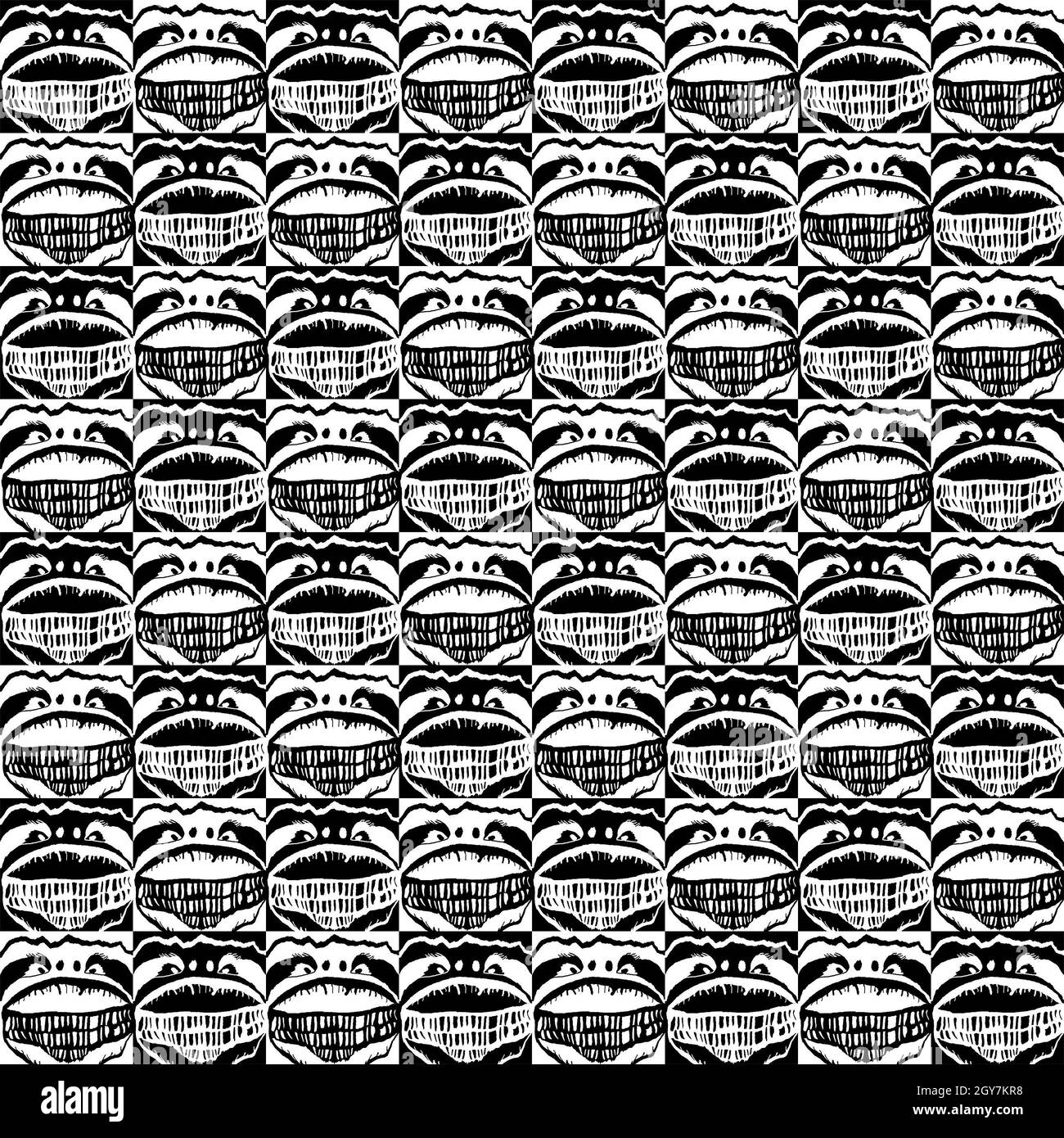 Creepy monster head motif drawing black and white seamless pattern ... Creepy monster head motif drawing black and white seamless pattern ...