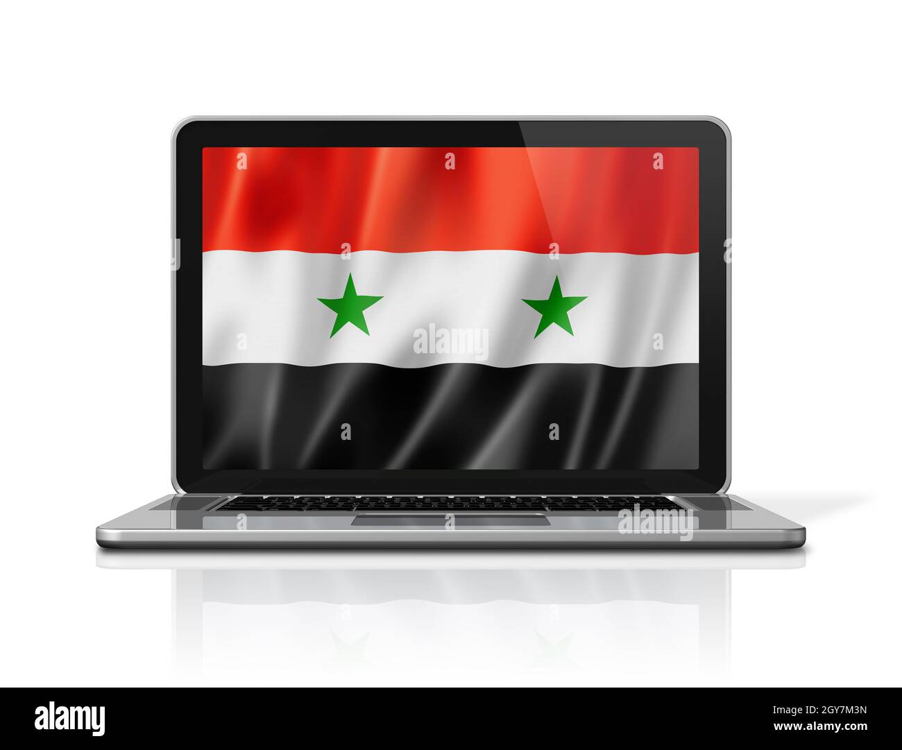 Syria flag on laptop screen isolated on white. 3D illustration render ...