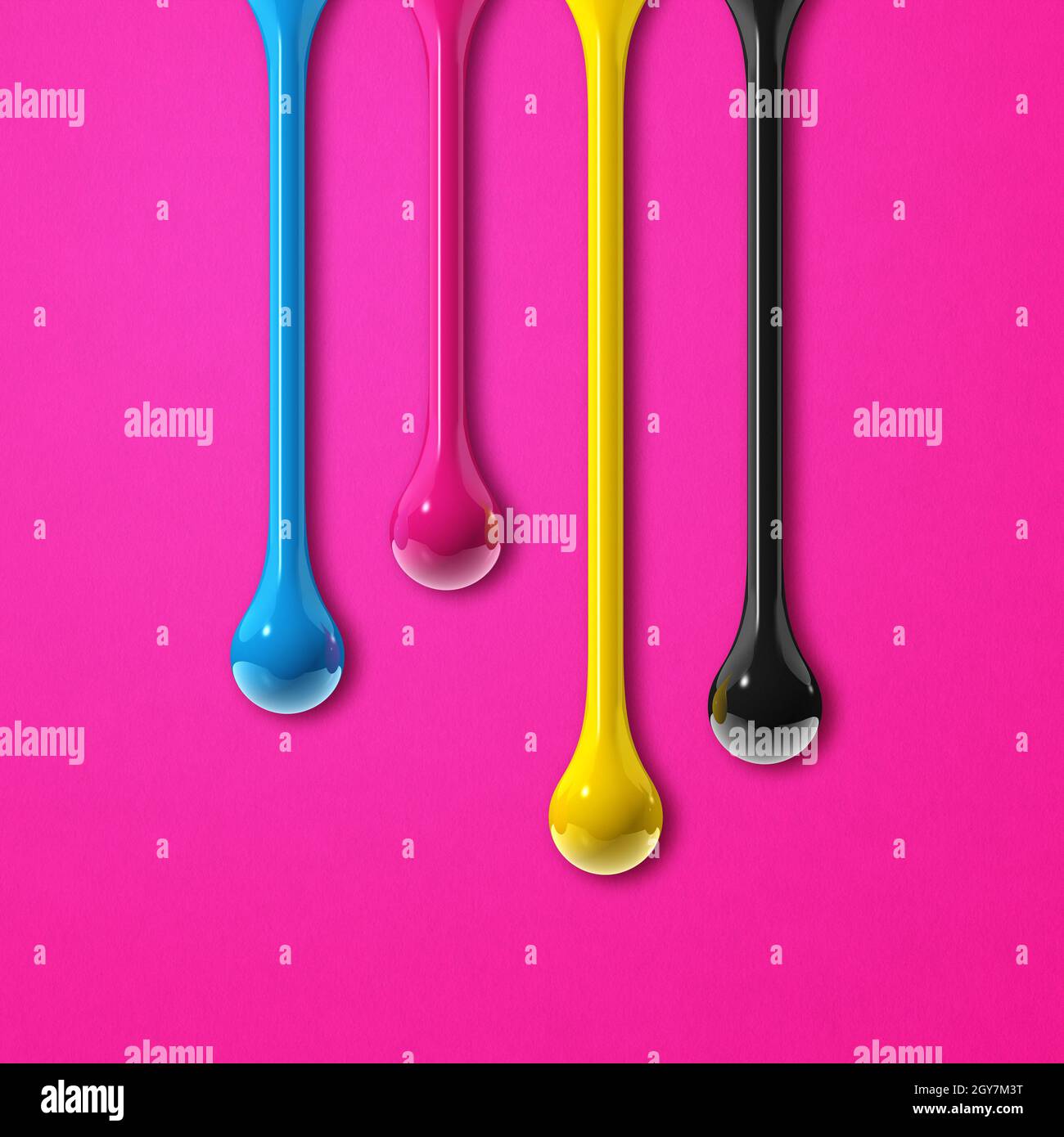 3D cmyk ink drops isolated on pink paper background. square wallpaper ...