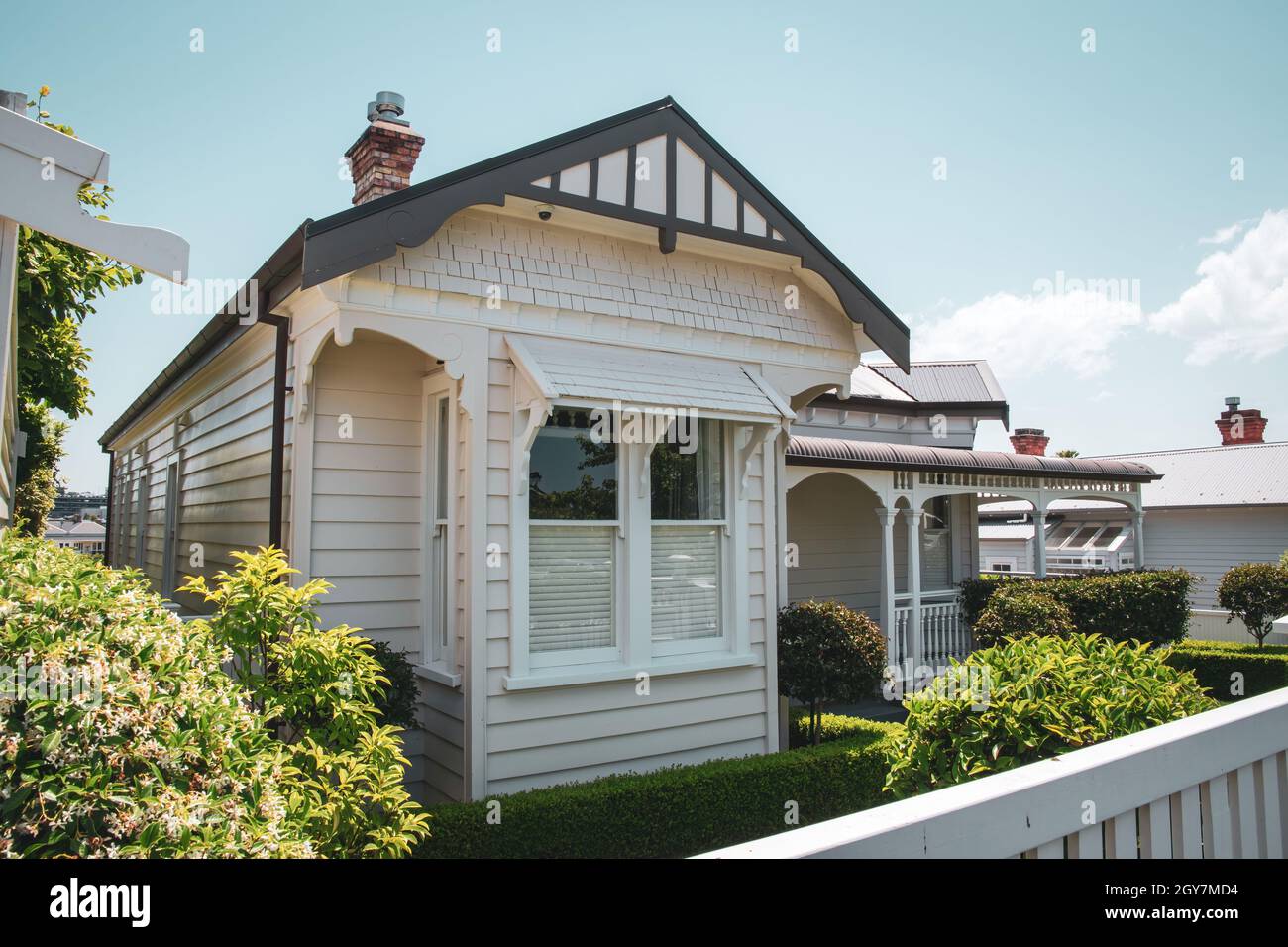 AUCKLAND, NEW ZEALAND - Dec 04, 2019: View of typical white wooden ...