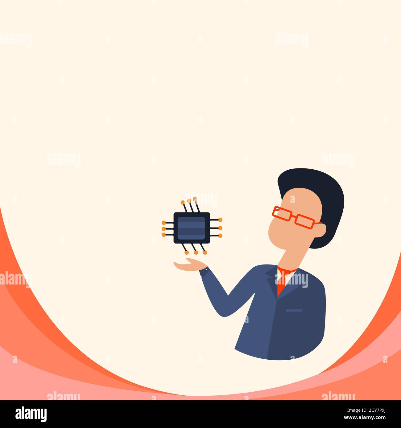 Man Drawing Standing And Holding Computer Microchip Showing New Tech ...