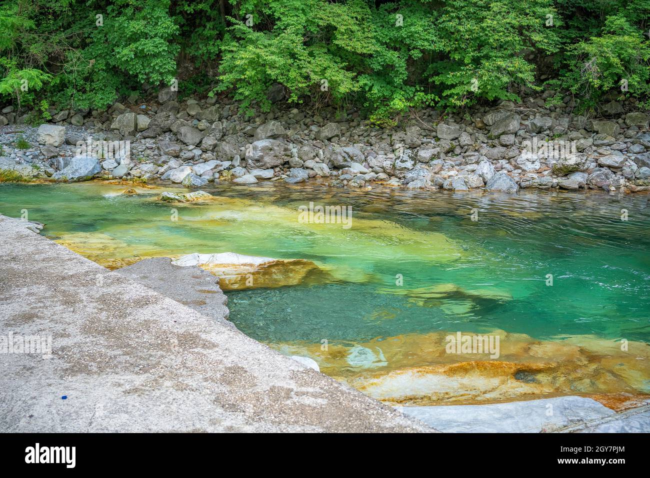 Serio river and its green water, Seriana valley, Bergamo,italy Stock ...