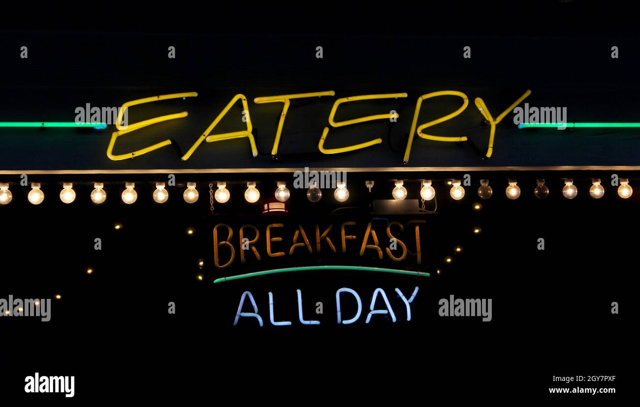 Neon Eatery and Breakfast All Day Sign Stock Photo - Alamy