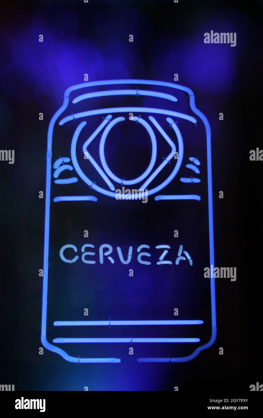 Blue Neon Beer Can Sign Cerveza Spanish For Beer Stock Photo - Alamy