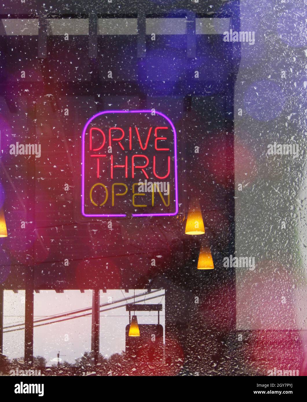 Neon Rainy Window Drive Thru Neon Sign Stock Photo - Alamy