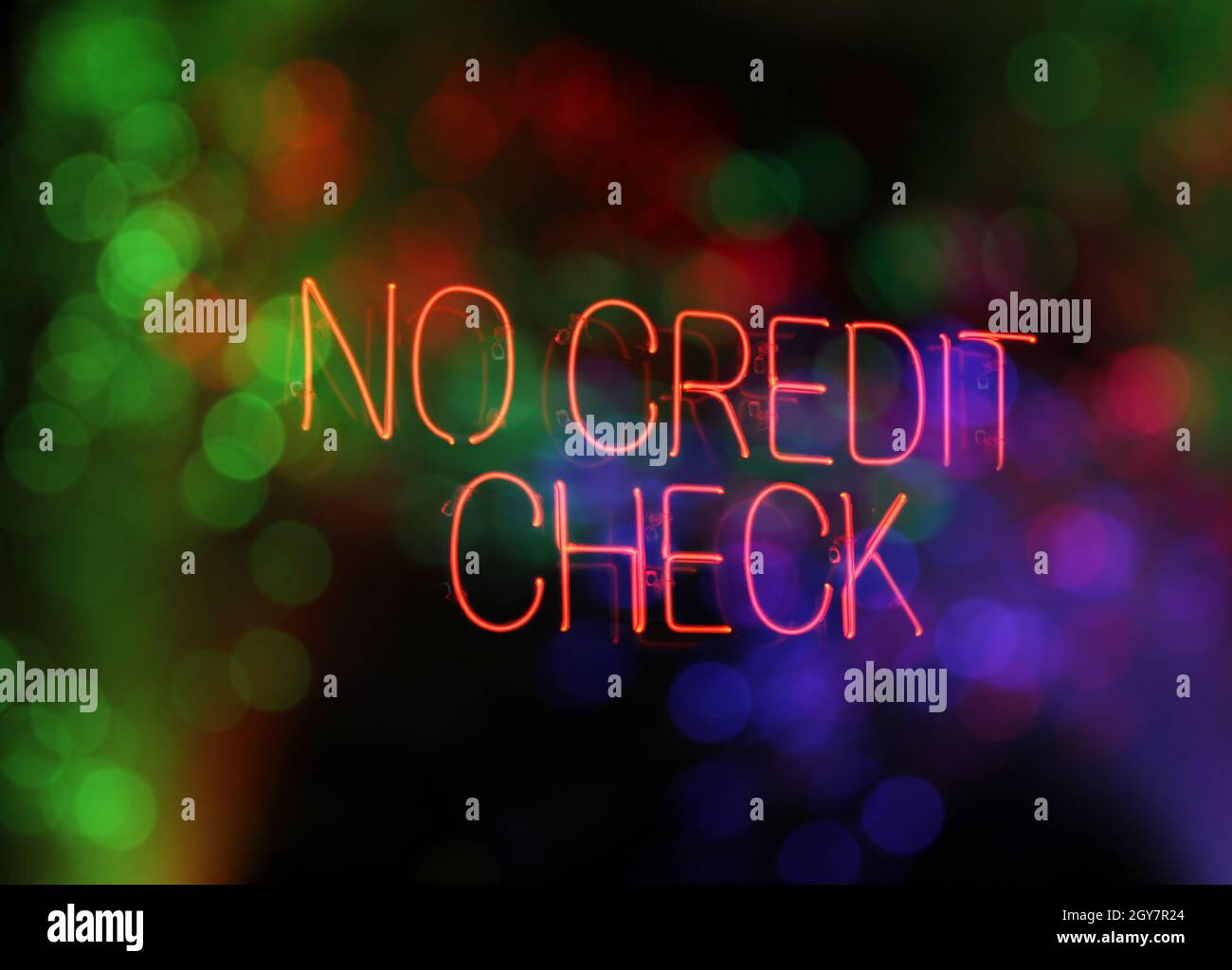 Neon Sign No Credit Check. Real Photo with Bokeh Stock Photo - Alamy