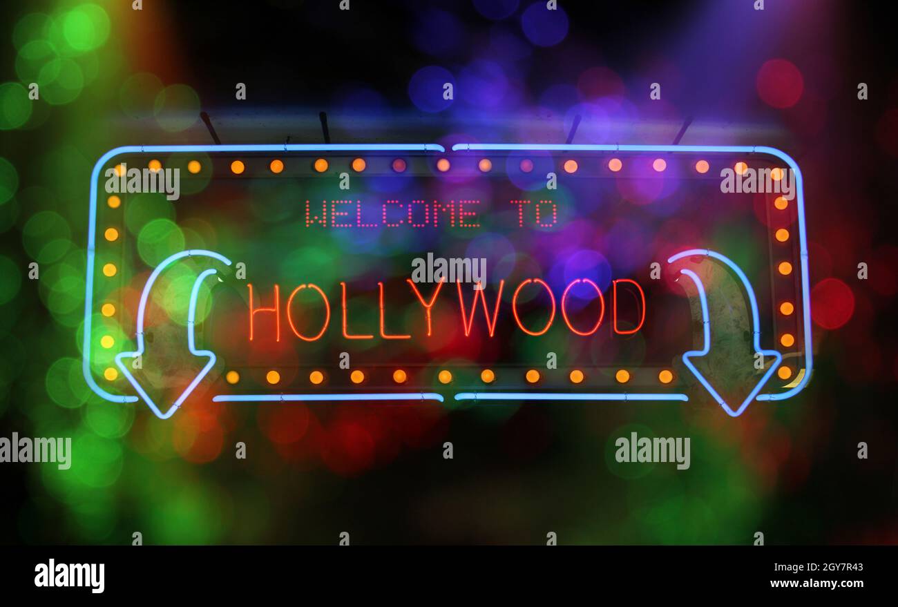 Welcome To Hollywood Neon Sign with arrows Stock Photo - Alamy