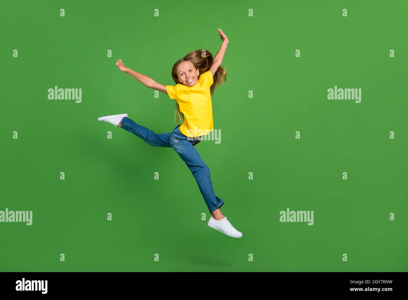 Full length body size view of attractive cheerful girl jumping dancing ...