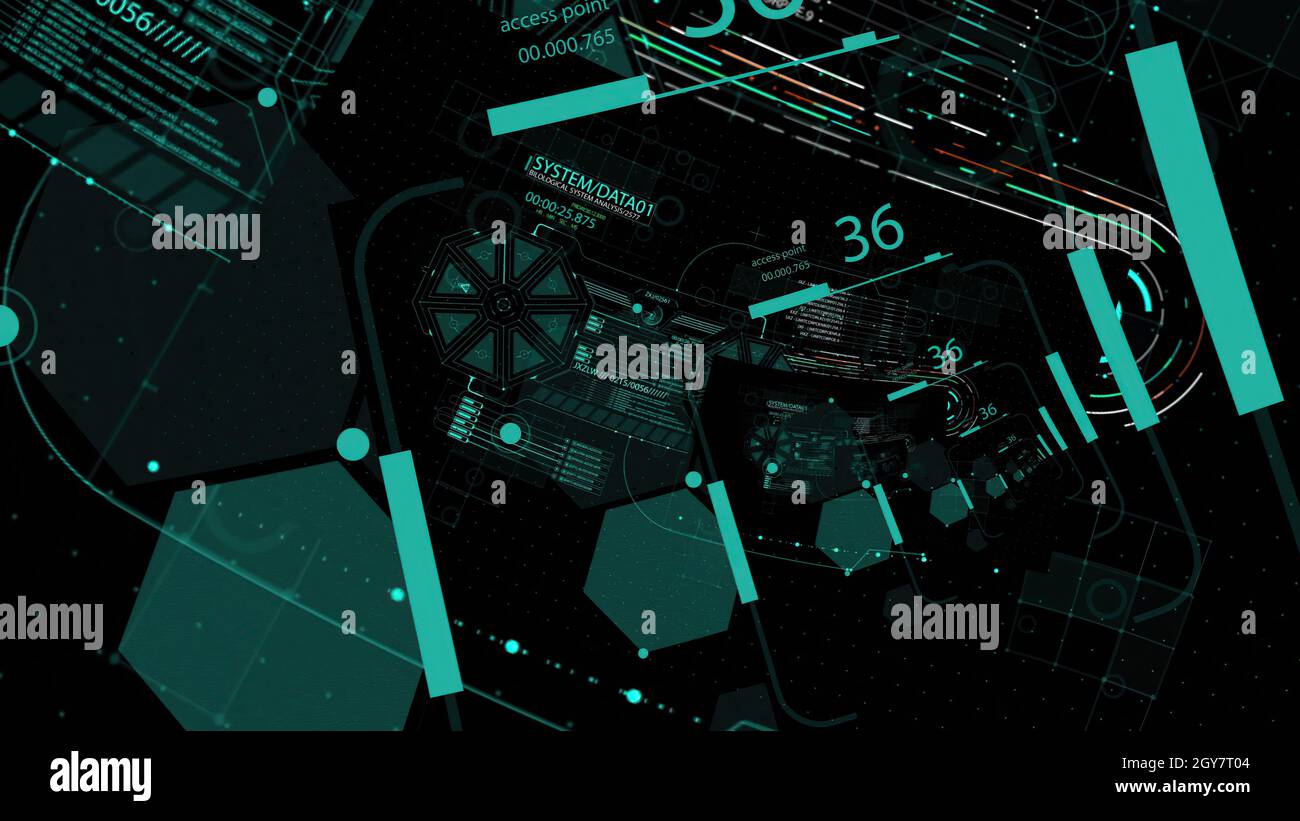 3d illustration - HUD zoom in.Flying through Futuristic technological ...