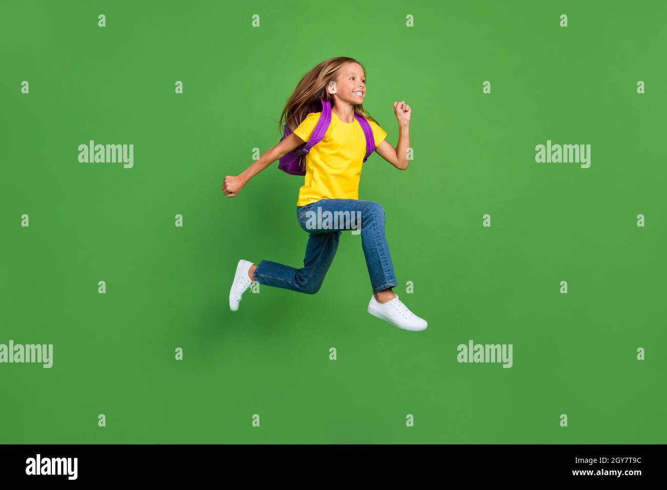 Full length body size view of pretty motivated cheerful girl learner ...