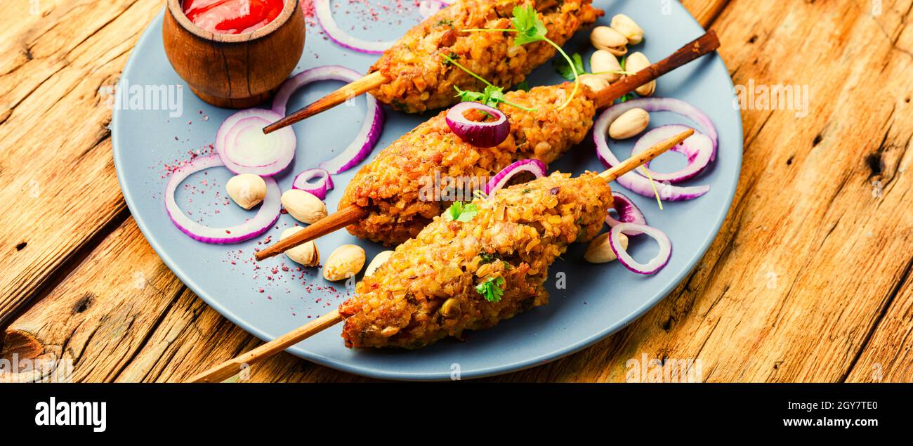 Lula kebab, minced meat skewered and grilled on charcoal.Kebab lamb ...