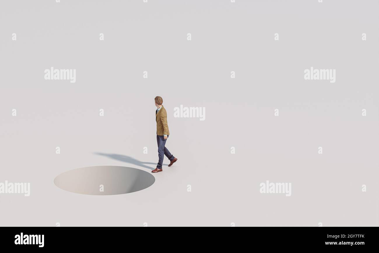 man walks careless of a danger ahead of him. 3d render image and models ...