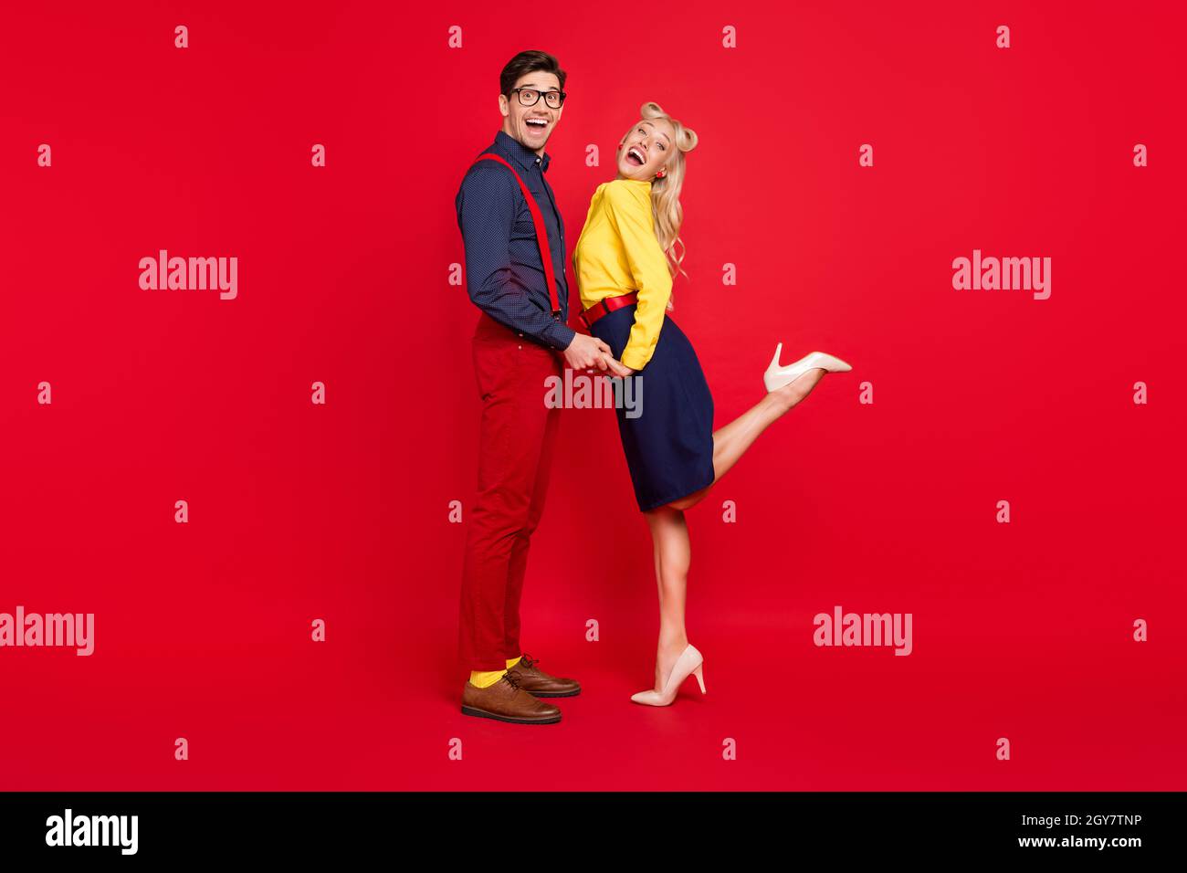 Full length body size view of attractive cheerful glad carefree couple ...