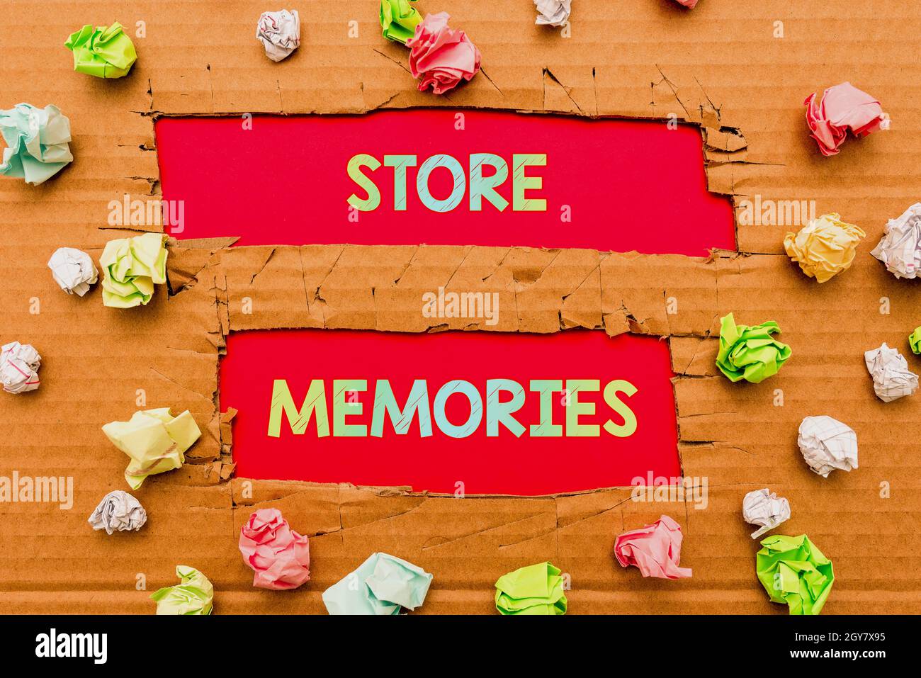 Sign displaying Store Memories, Word Written on a process of inputting ...
