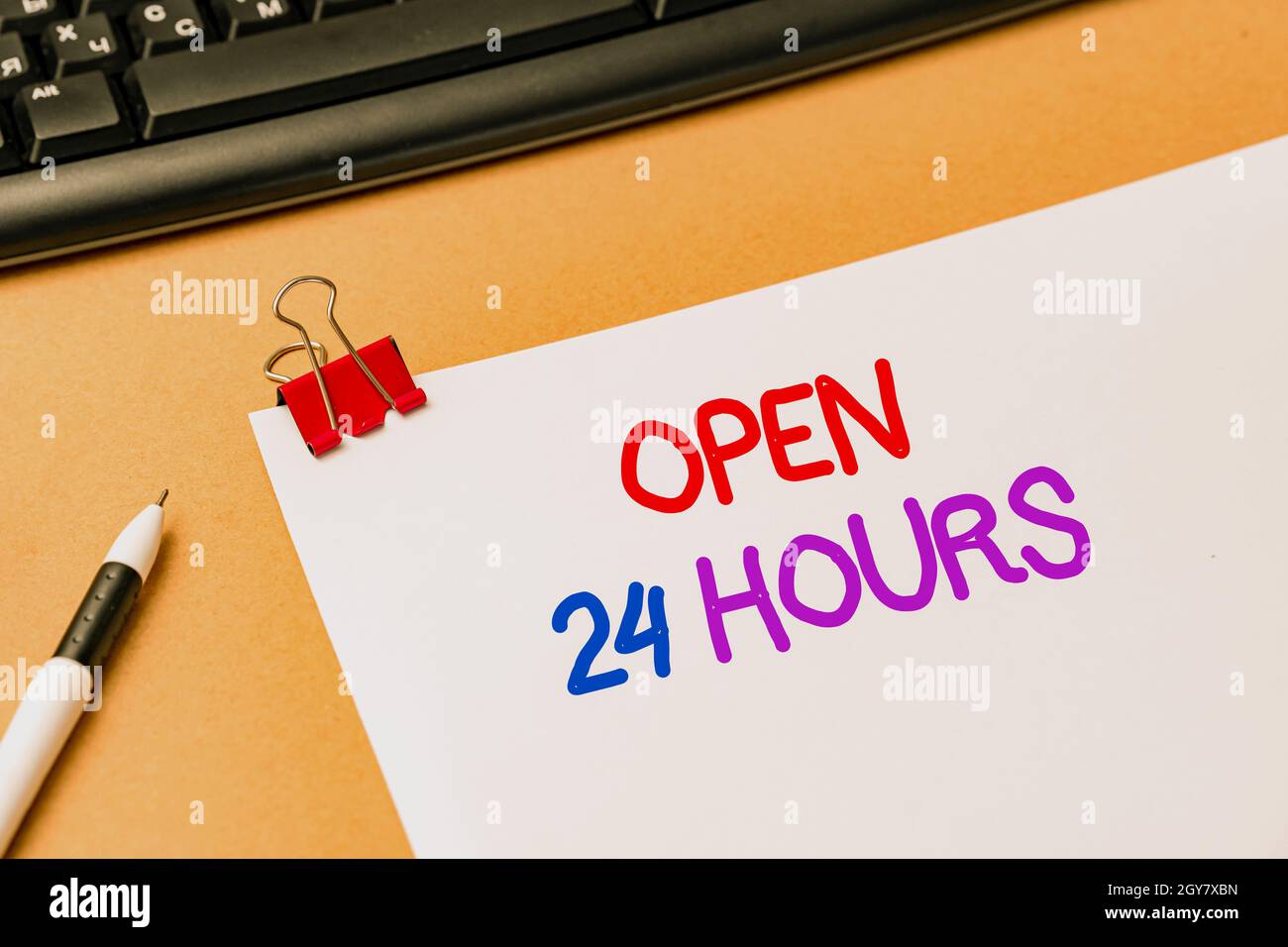 Hand writing sign Open 24 Hours, Internet Concept available all day and ...