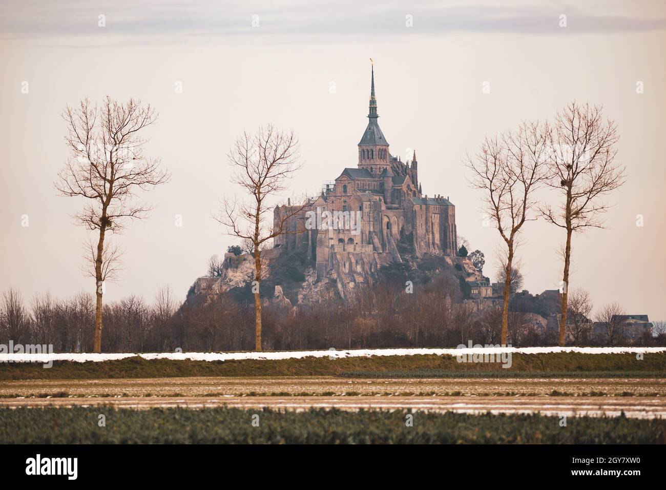 Le Mont Saint-Michel warm toned in winter, Normandy, France Stock Photo ...
