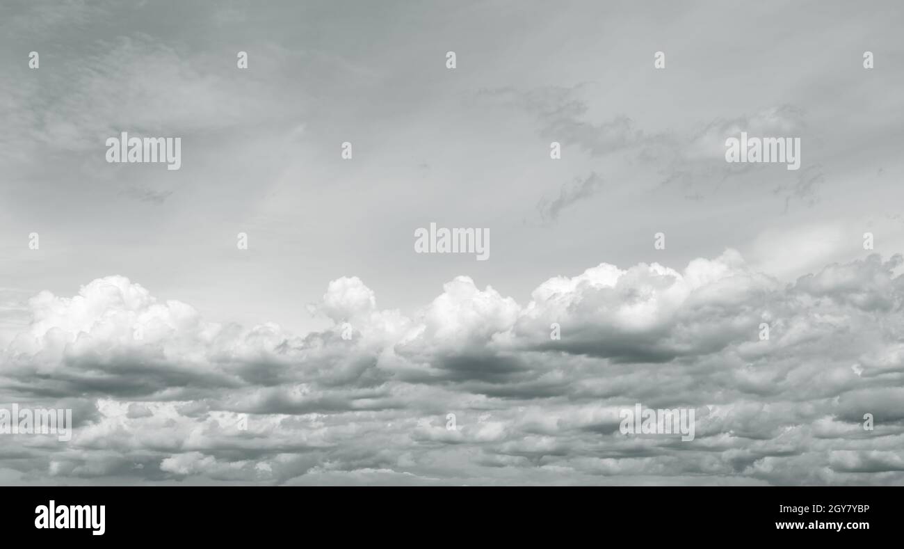 Panorama view of overcast sky. Dramatic gray sky and white clouds ...