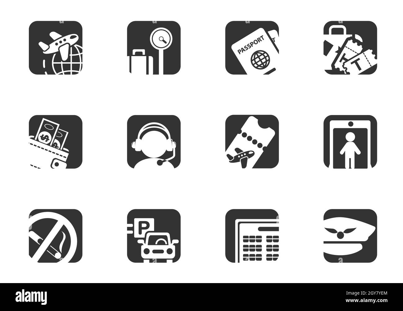 Airport and air carrier services icons set for user interface design ...
