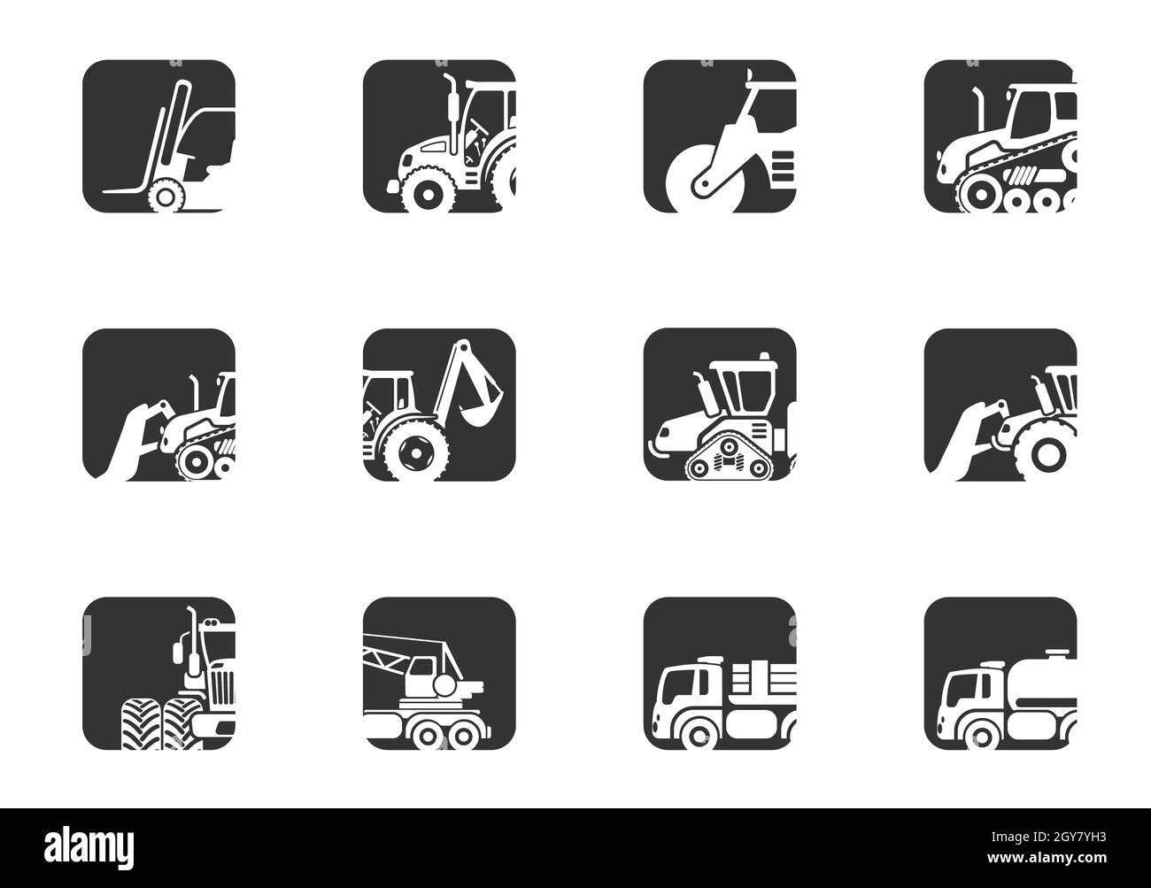 Industrial vehicles icons set with tractor loader paver excavator ...