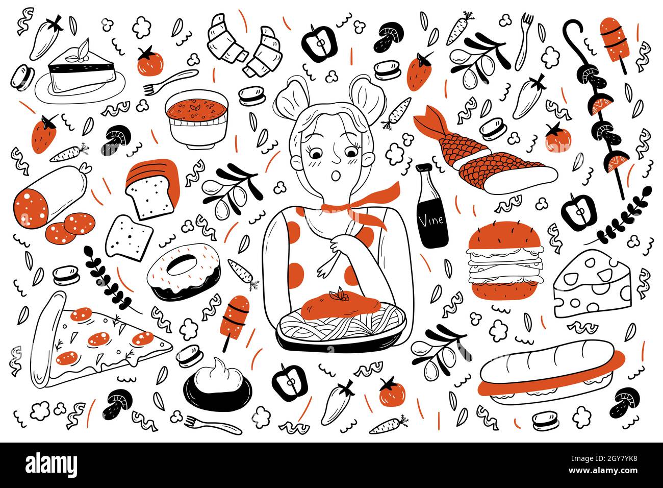 Food doodle set. Collection of hand drawn sketches templates of various ...