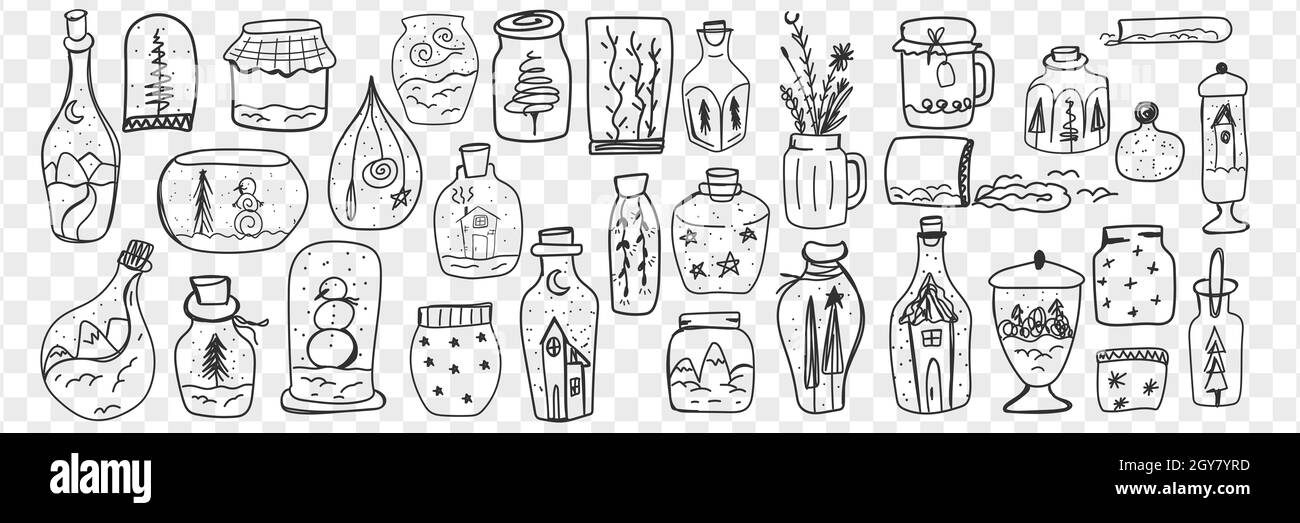 Glass toys and snow balls doodle set. Collection of hand drawn ...