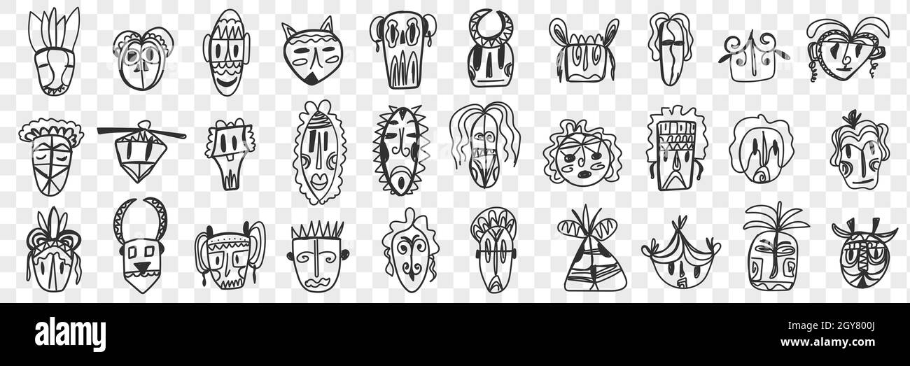 Various african ancient masks doodle set. Collection of hand drawn face ...