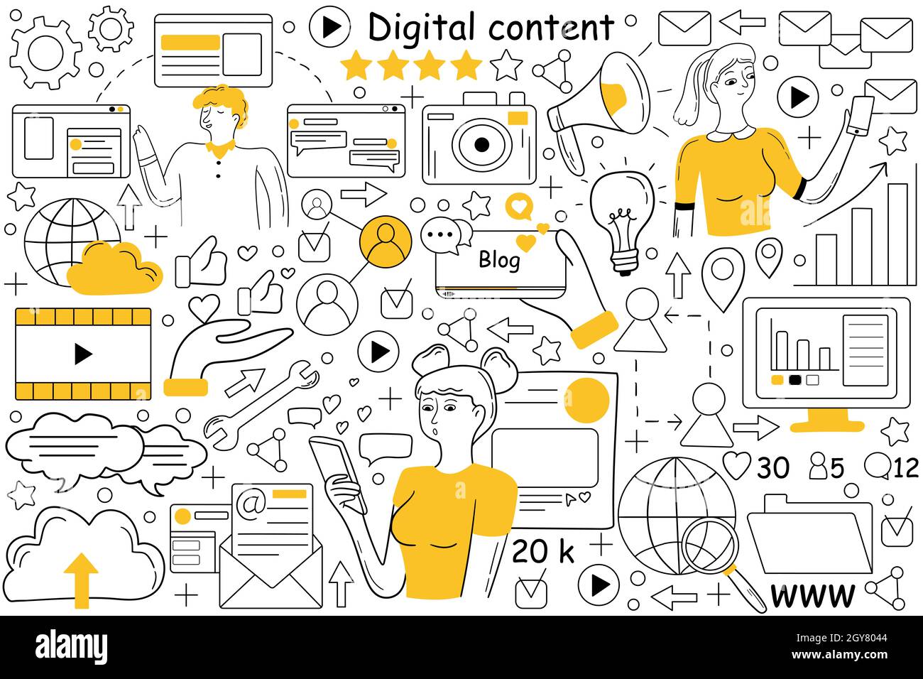 Digital content doodle set. Collection of hand drawn sketches patterns ...