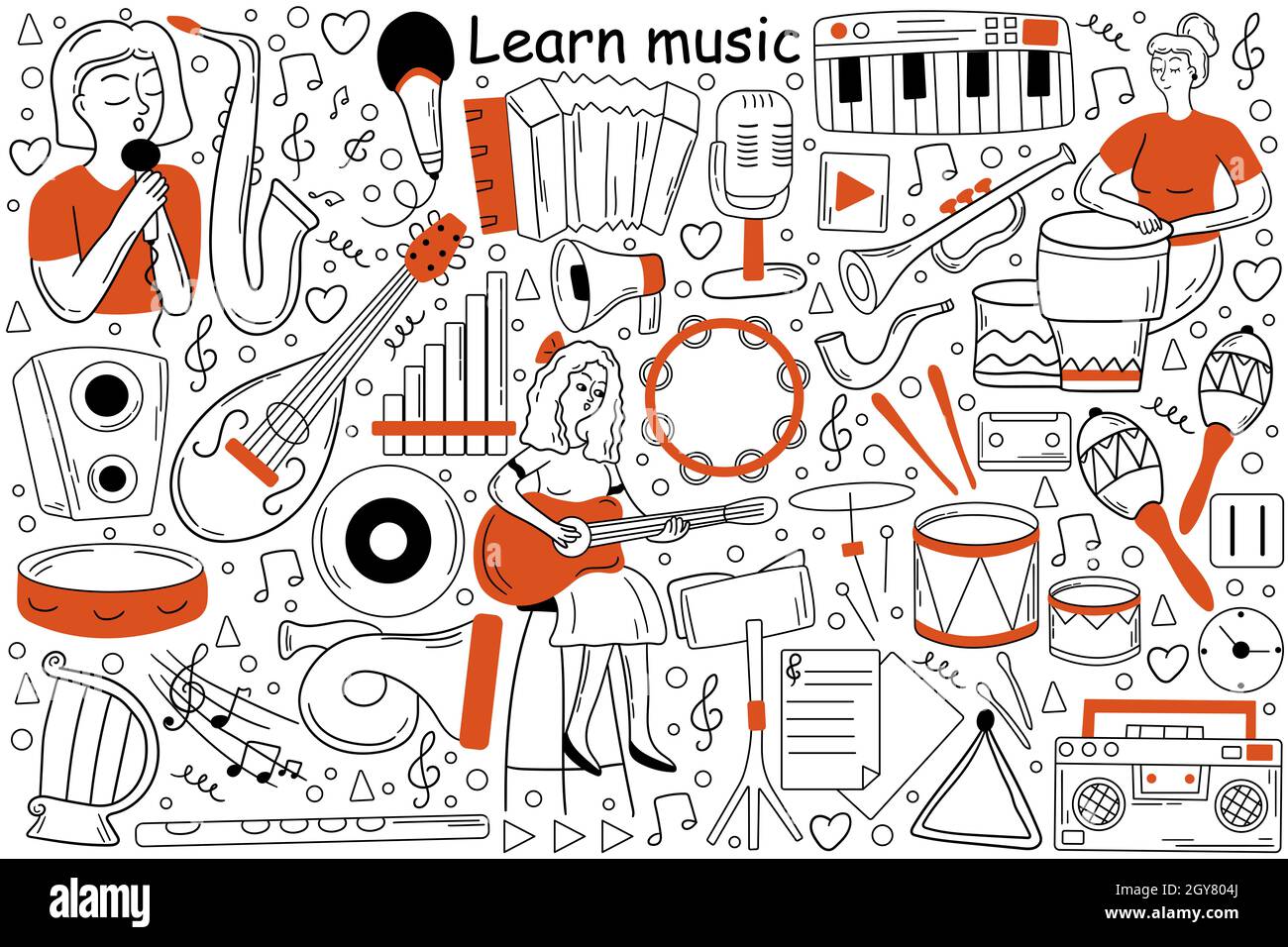 Learn music doodle set. Collection of sketches templates patterns of ...