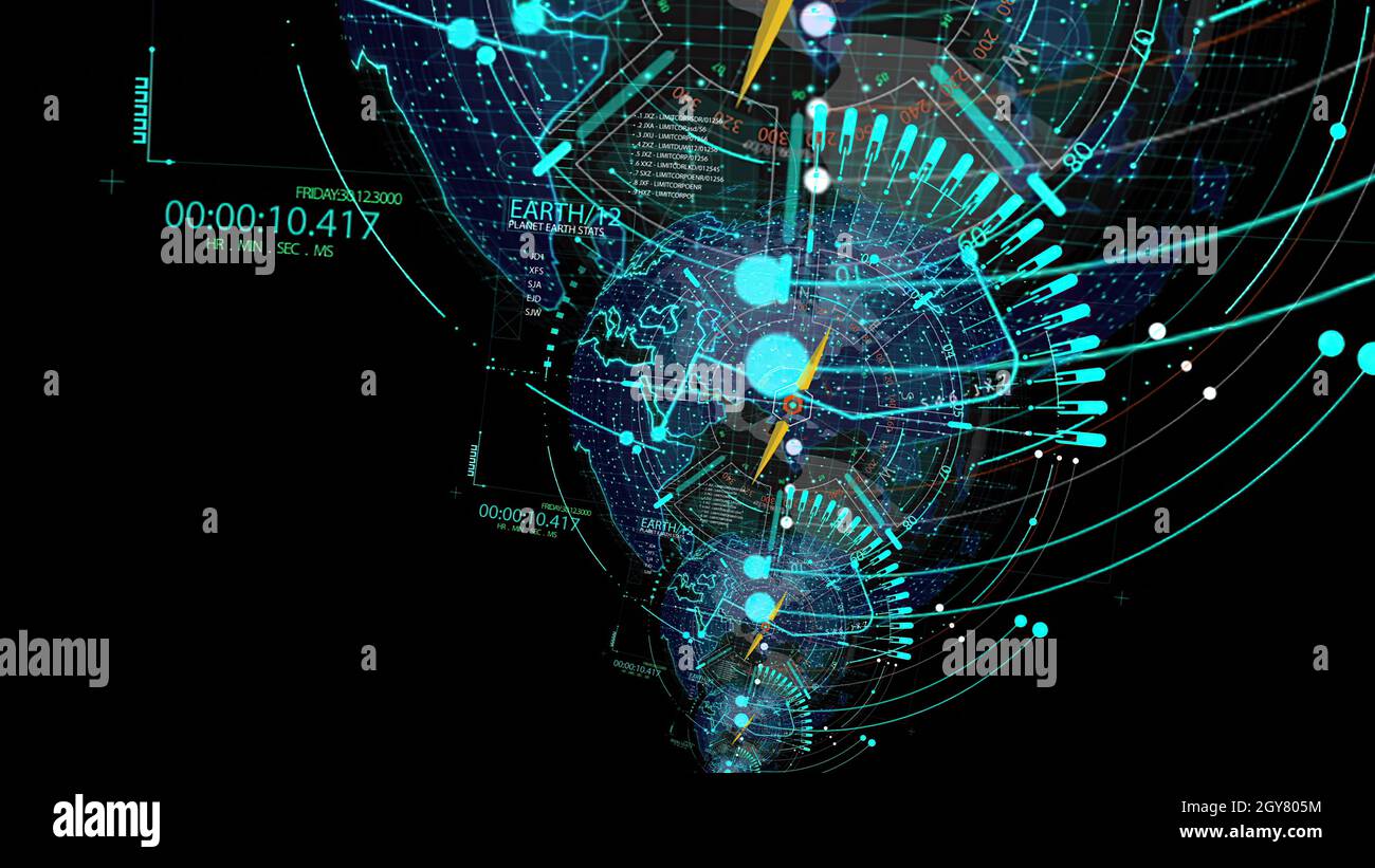 3d illustration - HUD zoom in.Flying through Futuristic technological ...