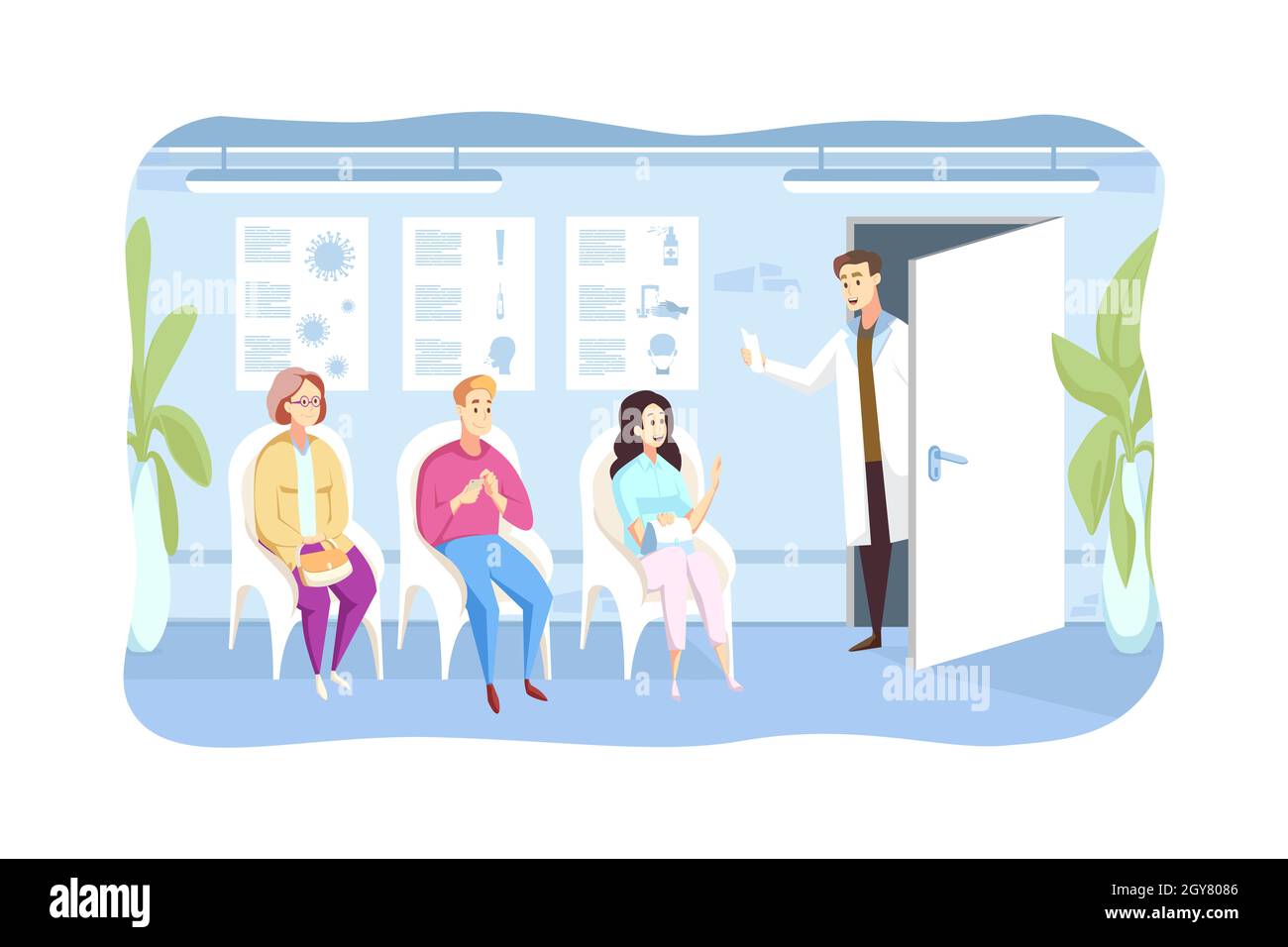 Patient, examination, queque, medicine concept. Doctor calls waiting ...