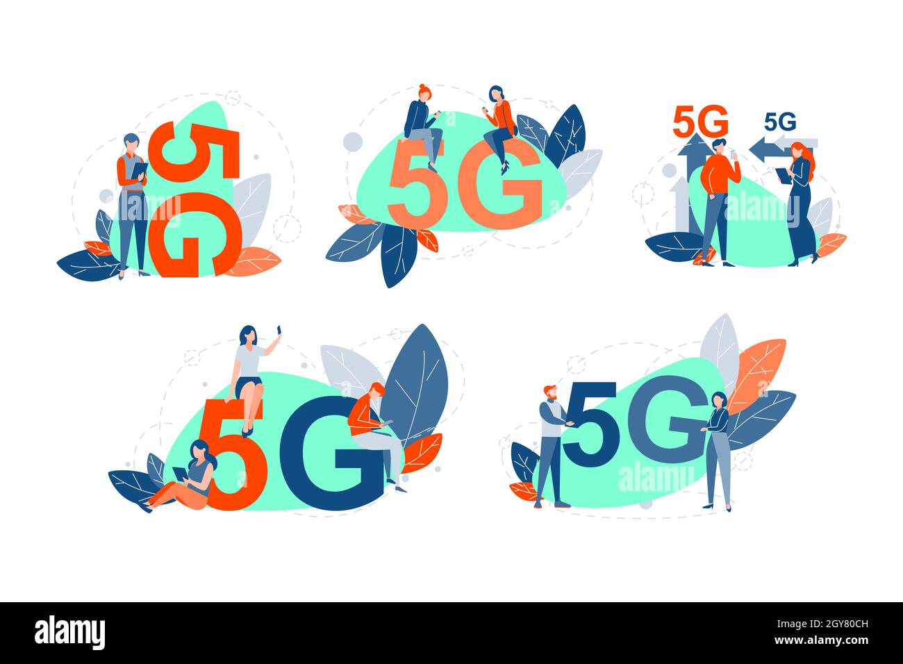 5g network set concept. 5g network wireless technology collection. Different people, men and ...