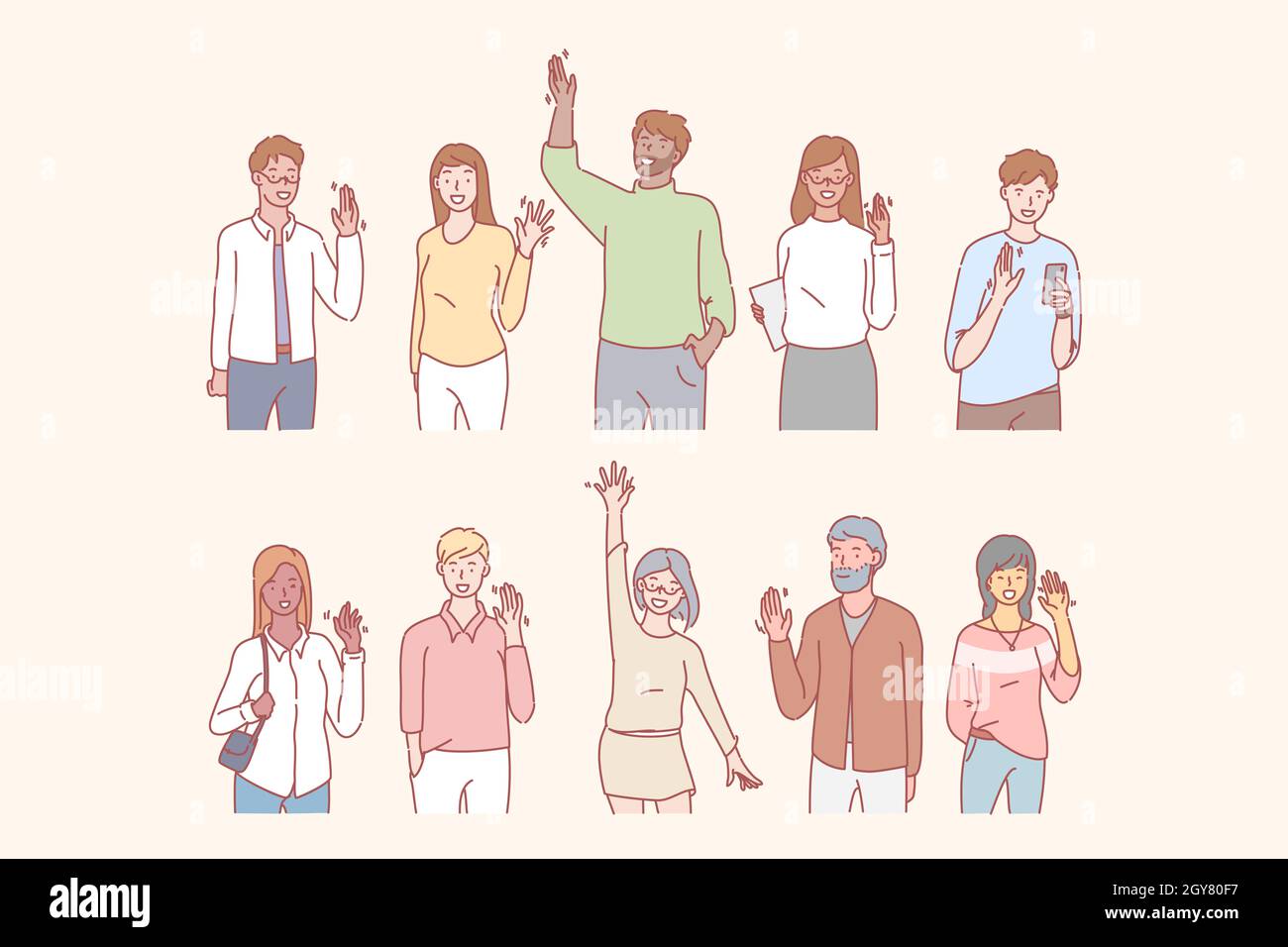 People greet or say hello with hand. Group of multicultural students is ...